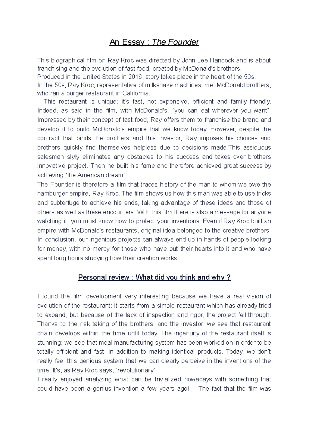 An Essay The Founder - An Essay : The Founder This biographical film on ...