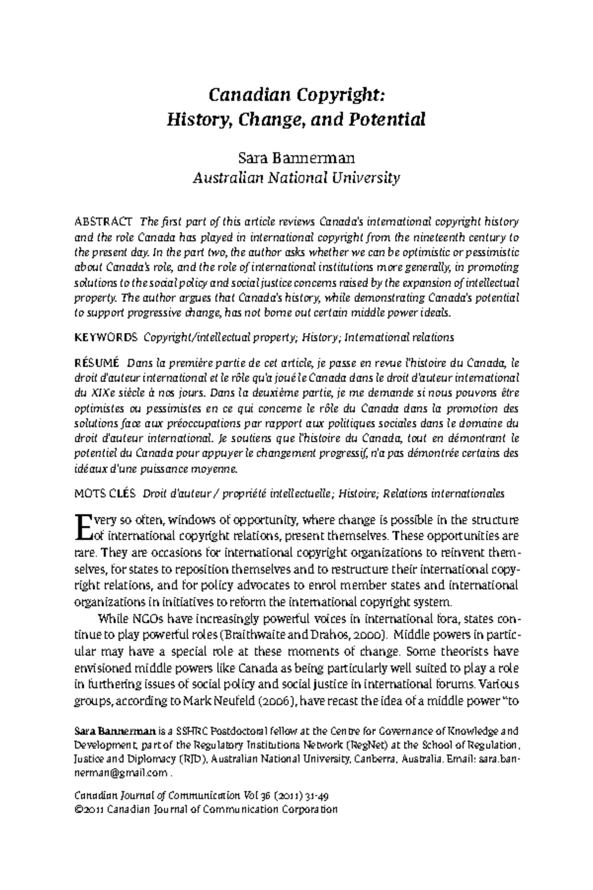 Bannerman, S. (2011 ) Canadian copyright- History, change and potential ...