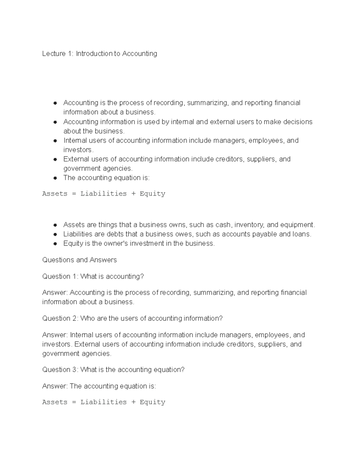 Lecture 1 Introduction to Accounting - Lecture 1: Introduction to ...