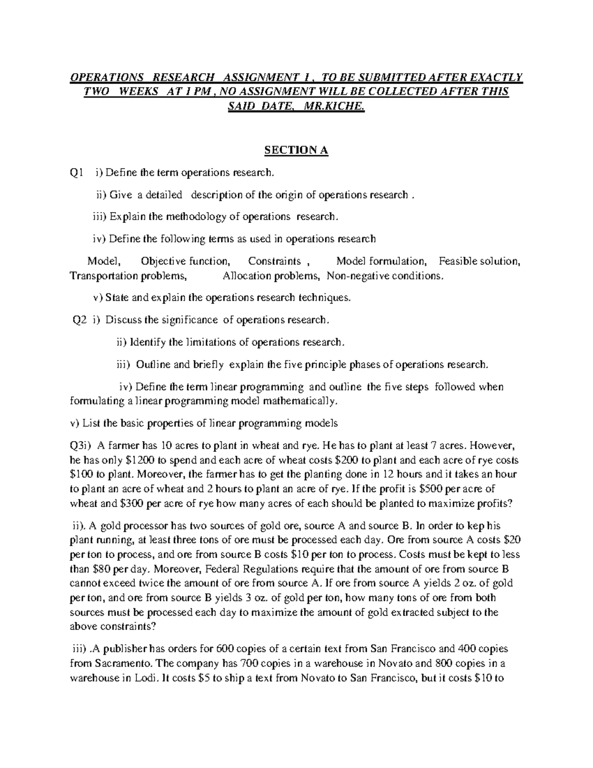 Kiche Operations Research Assignment I FEB 2024 - OPERATIONS RESEARCH ...