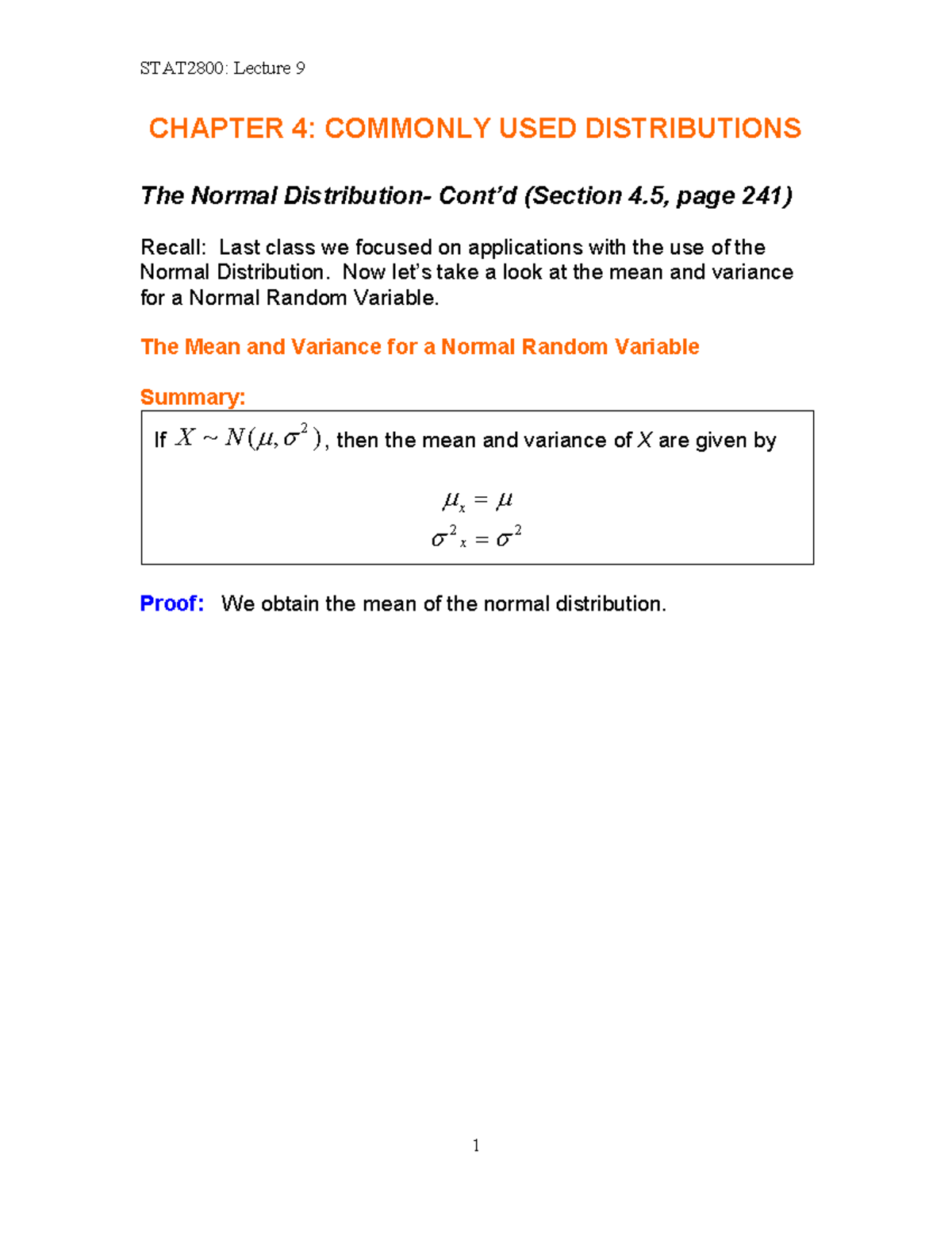 Lec9 blank - CHAPTER 4: COMMONLY USED DISTRIBUTIONS The Normal ...