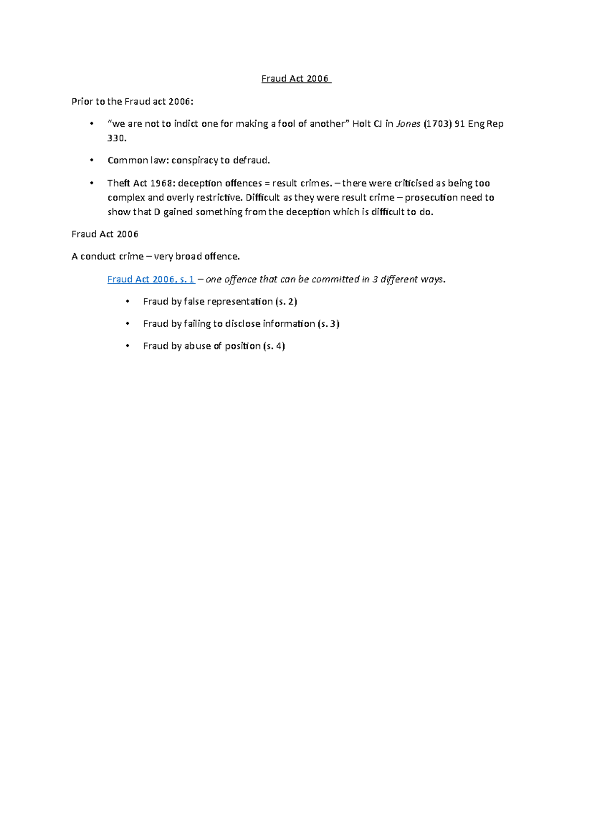Fraud Act 2006 - Lecture notes ALL - Fraud Act 2006 Prior to the Fraud ...