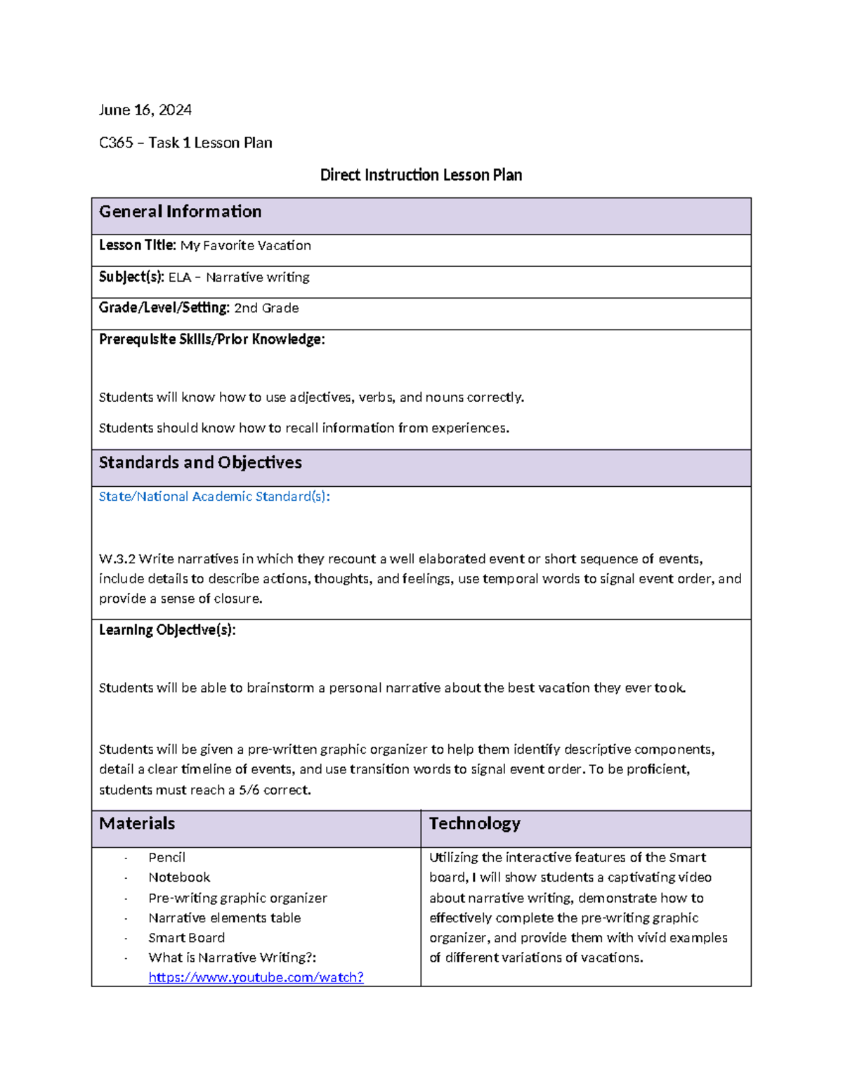 C365 task 1 lesson plan - Passed - June 16, 2024 C365 – Task 1 Lesson Plan Direct Instruction ...
