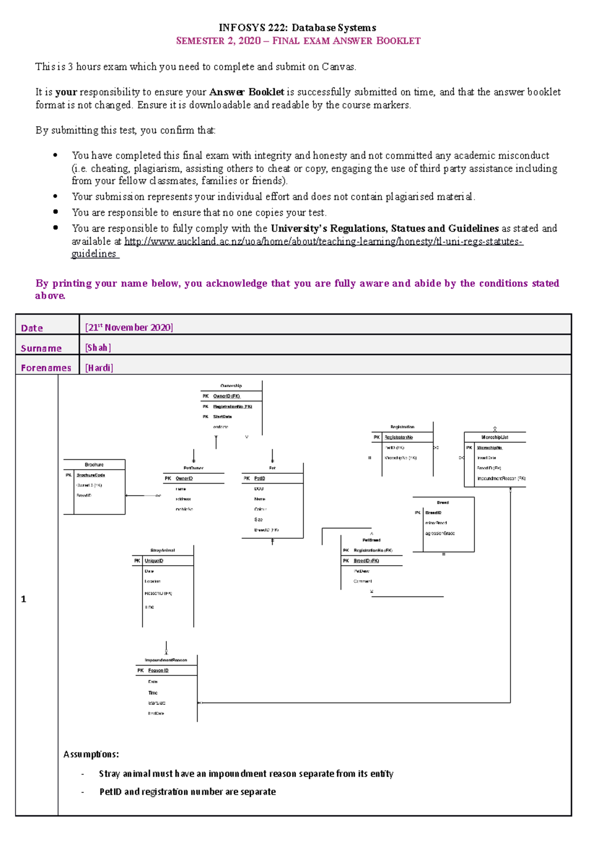 Infosys 222 2020 S2 FInal Exam Answer Booklet- Hsha421 - INFOSYS 222 ...