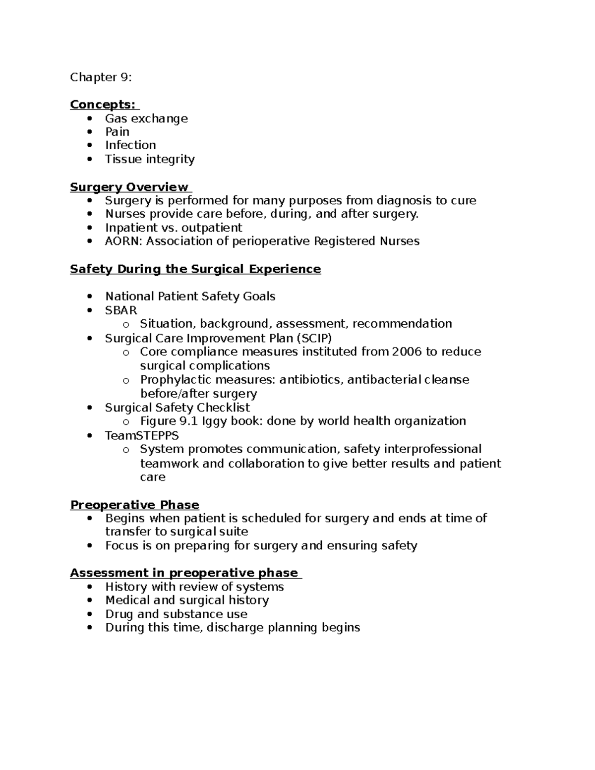 Preoperative procedure notes - Chapter 9: Concepts: Gas exchange Pain ...