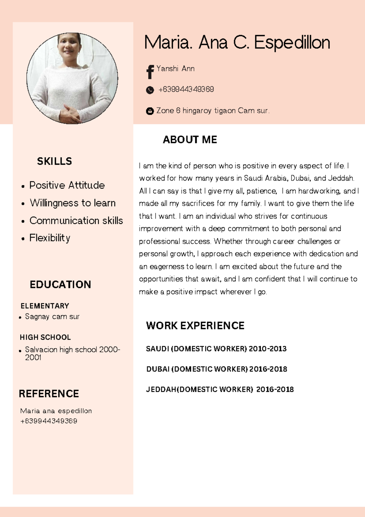 Peach Simple Modern Nursing Resume - Maria. Ana C. Espedillon Zone 6 ...