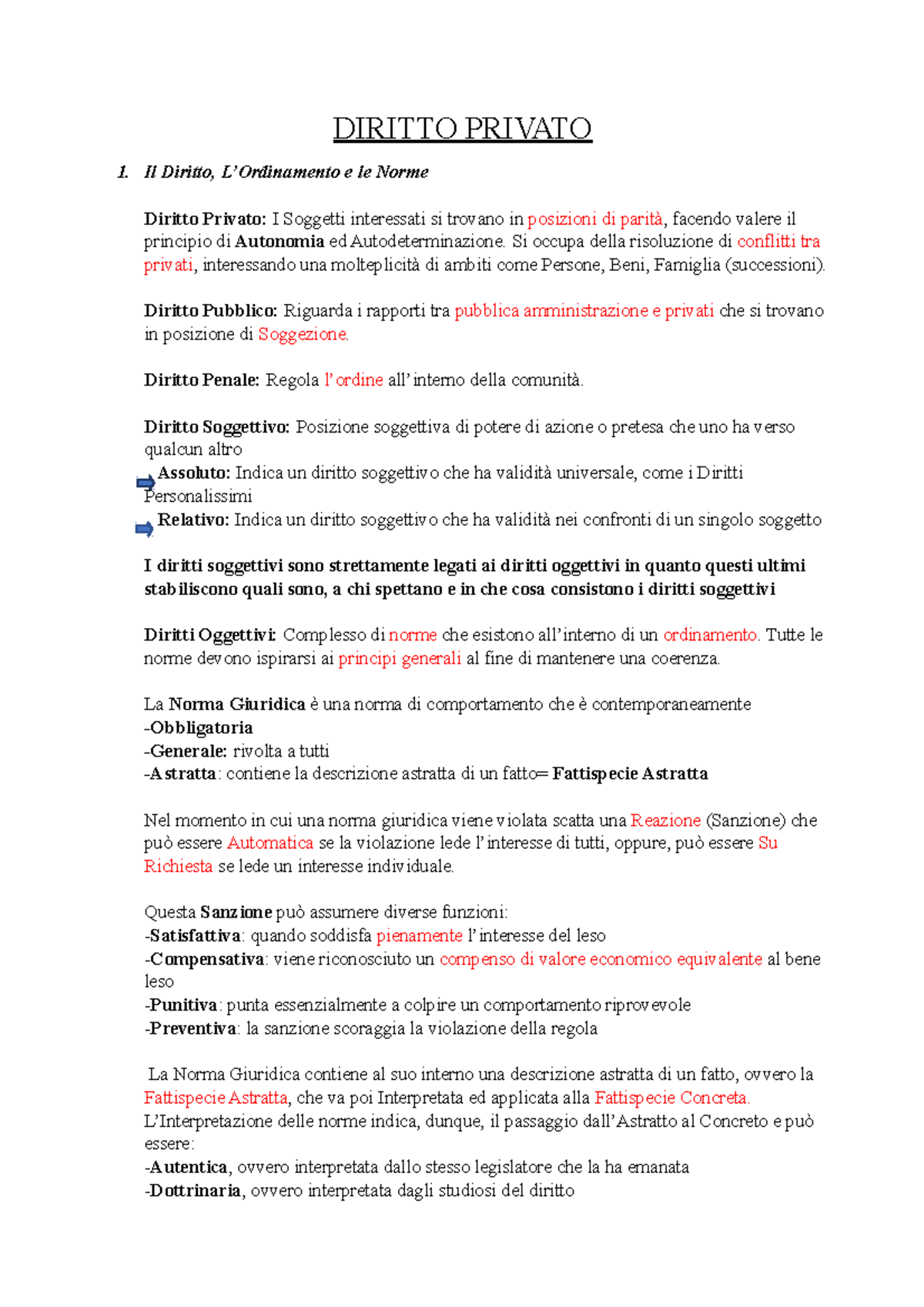 Diritto Privato - appunti primi capitoli - DIRITTO PRIVATO 1. Il ...