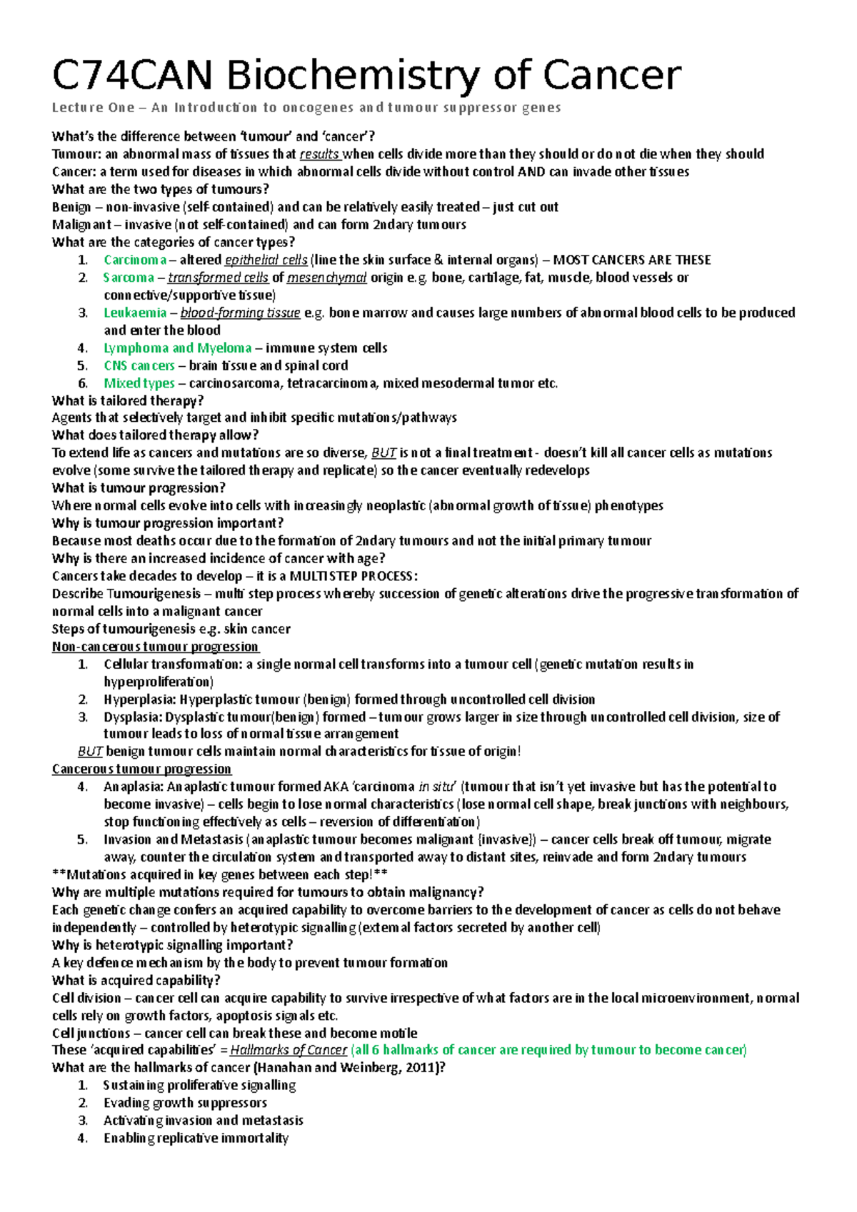 Biochemistry of cancer Lecture Notes - 2017 - C74CAN Biochemistry of ...