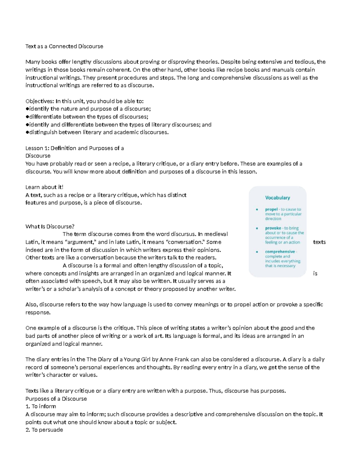 RW L1 - reading and writing skills - Text as a Connected Discourse Many books offer lengthy ...