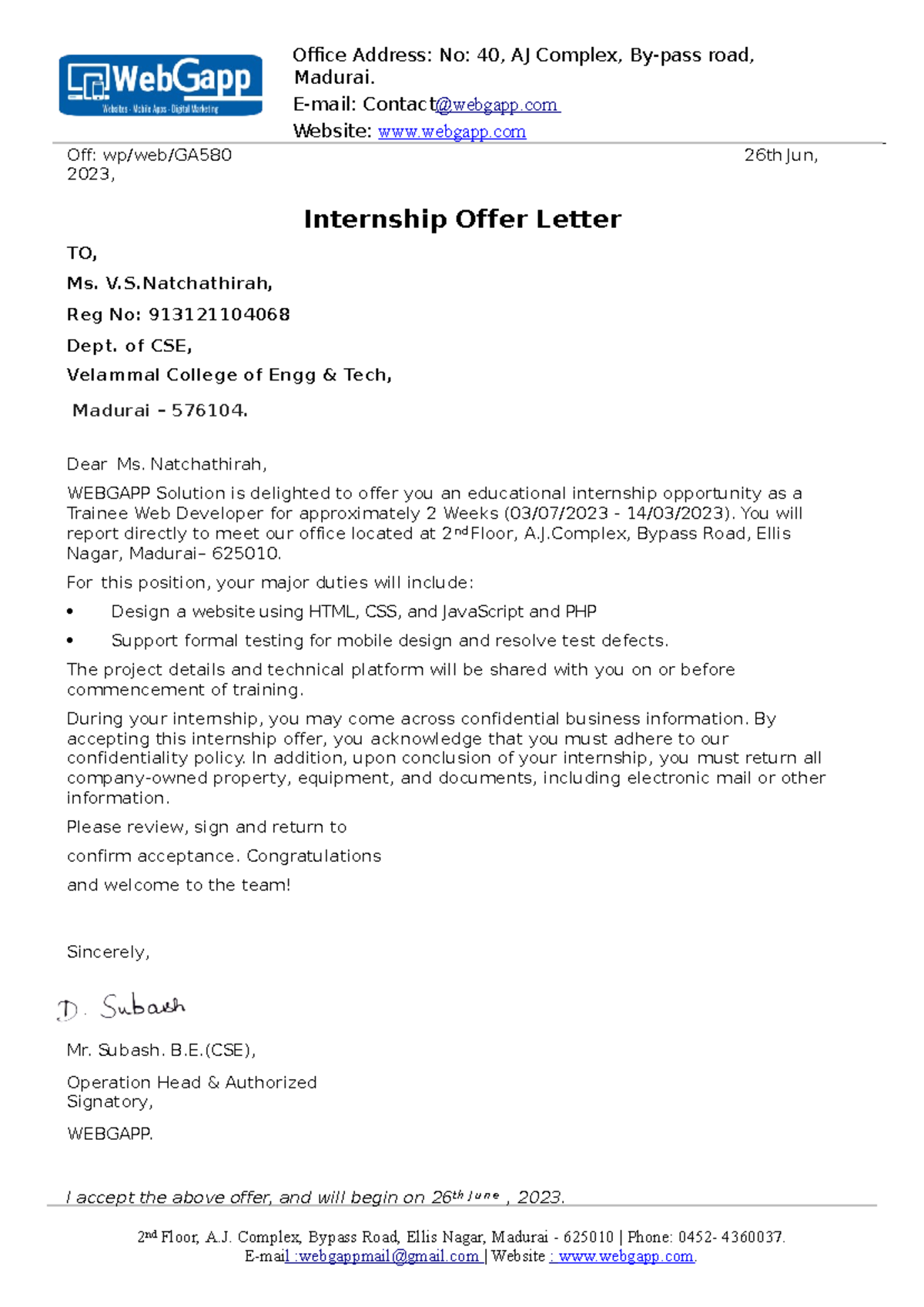 Internship attendance - 2 nd Floor, A. Complex, Bypass Road, Ellis ...