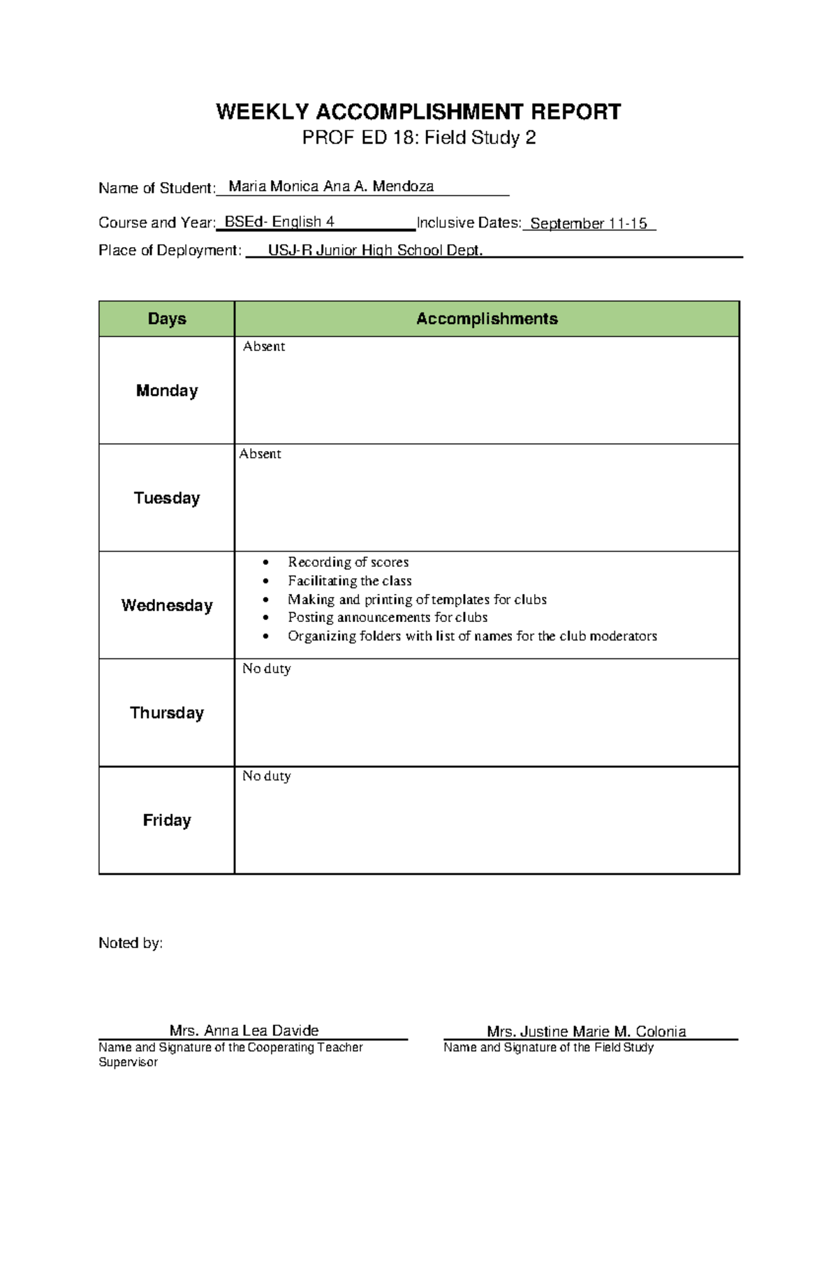 Weekly-accomplishment - WEEKLY ACCOMPLISHMENT REPORT PROF ED 18: Field ...