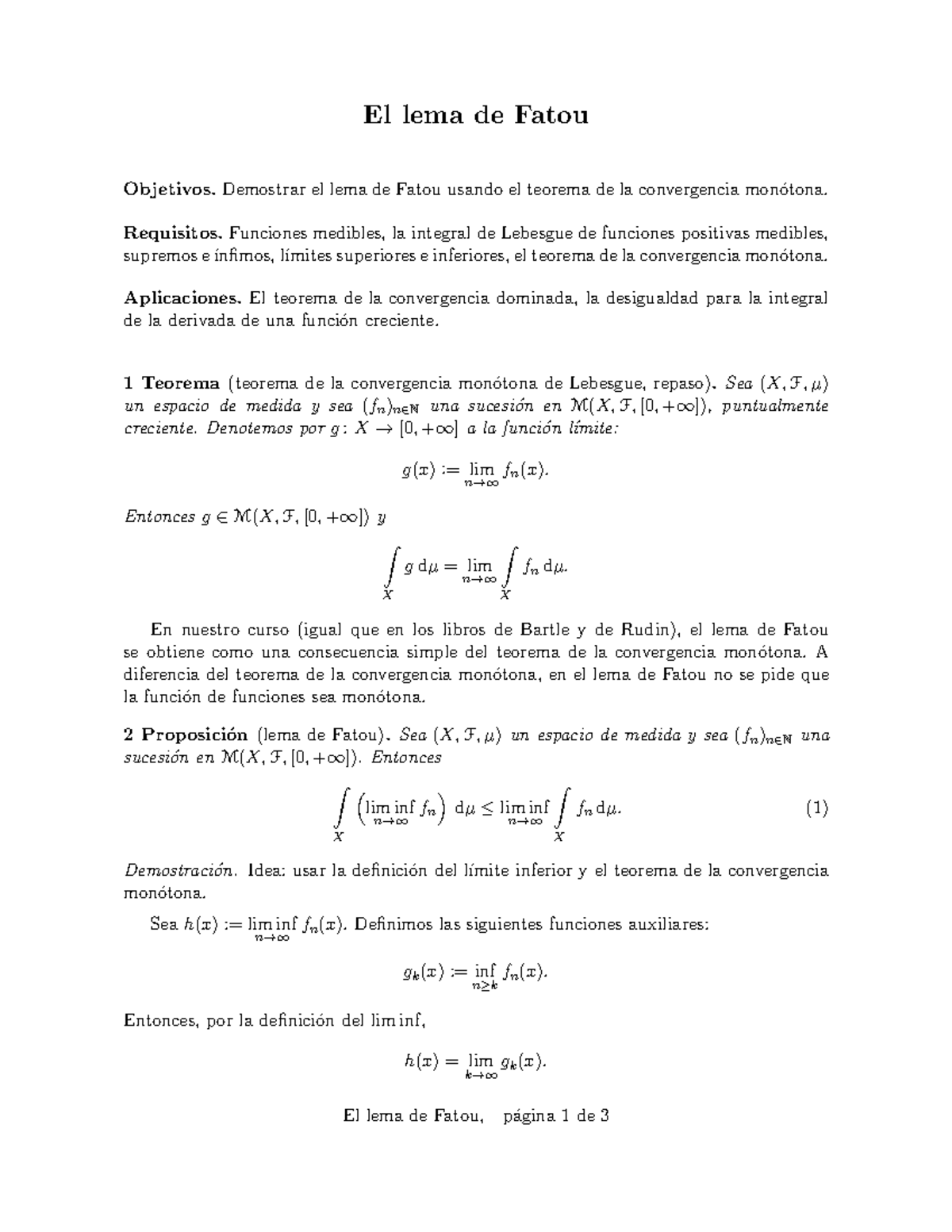 Fatou lemma y ejercicios - El lema de Fatou Objetivos el lema de Fatou ...