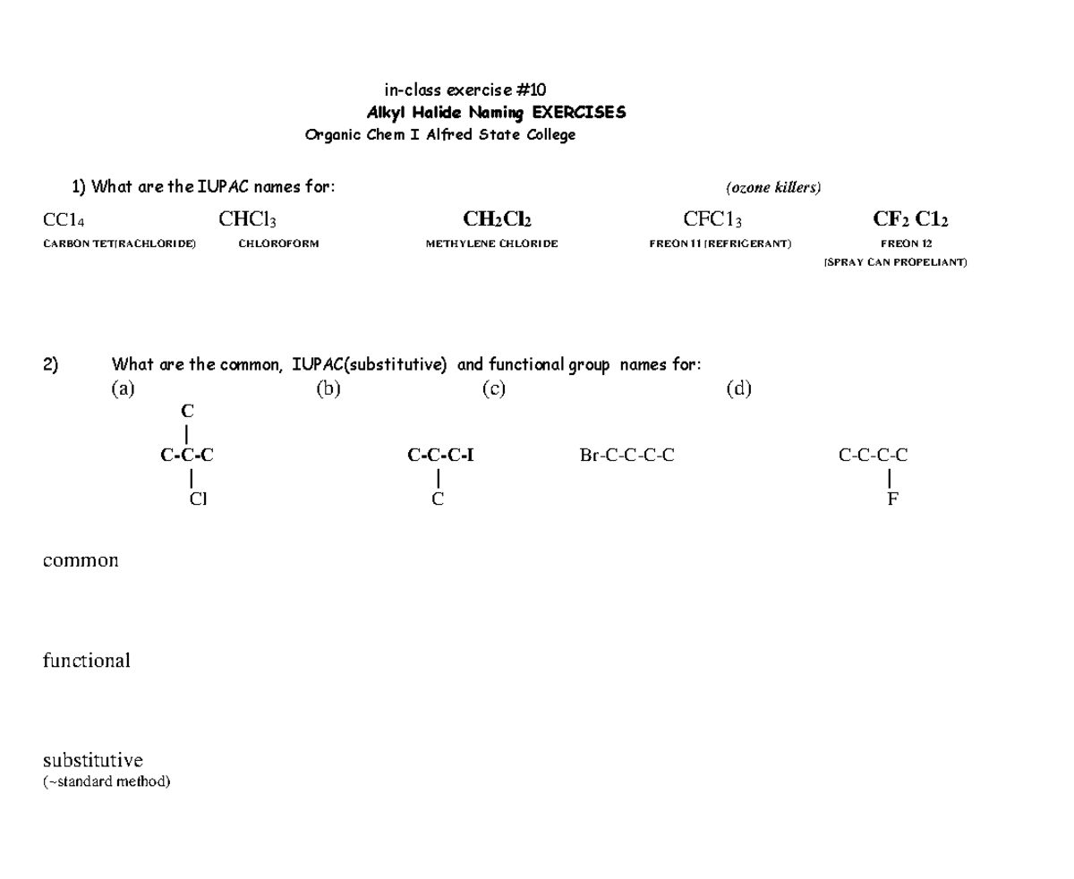 Exercise naming RX - in-class exercise Alkyl Halide Naming EXERCISES ...