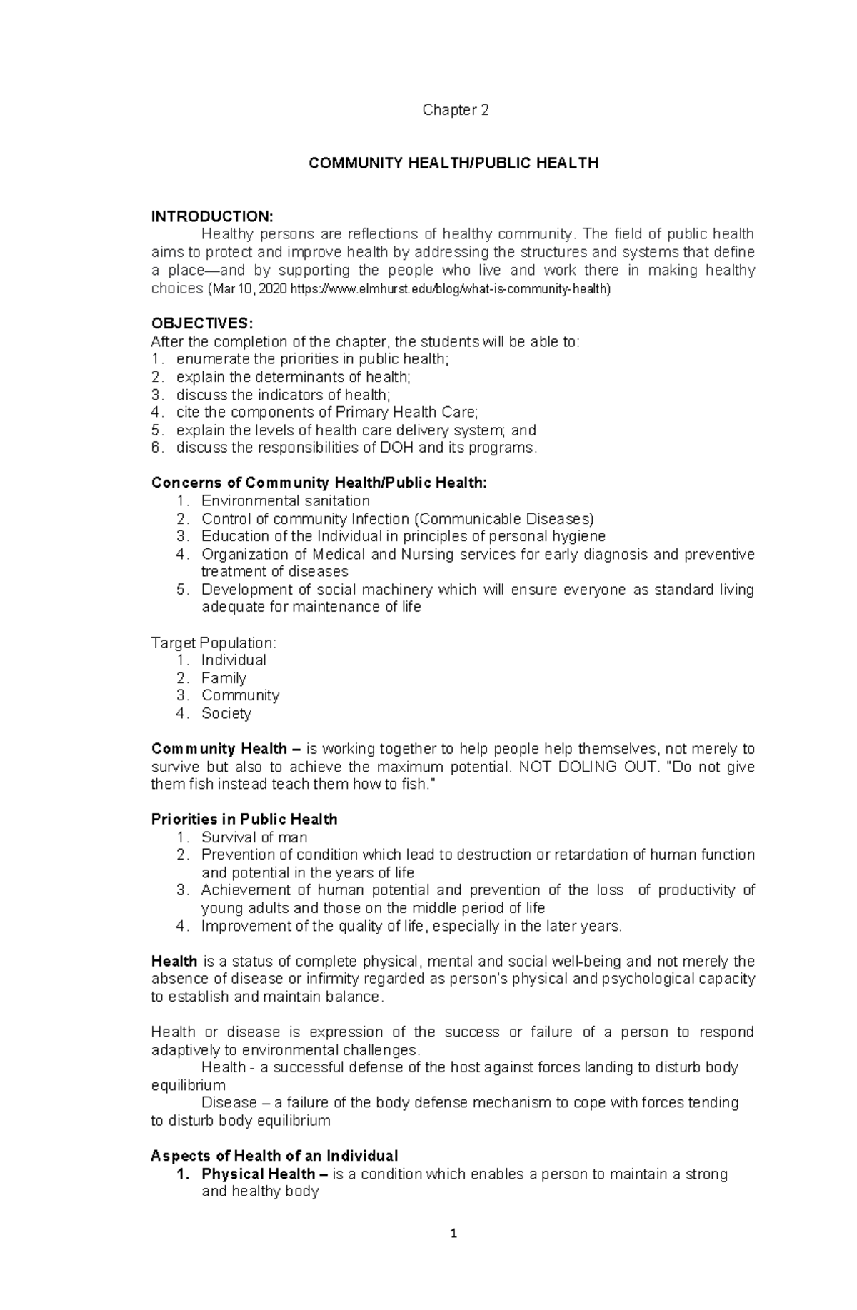 Community Health / Public Health - Chapter 2 COMMUNITY HEALTH/PUBLIC HEALTH INTRODUCTION ...