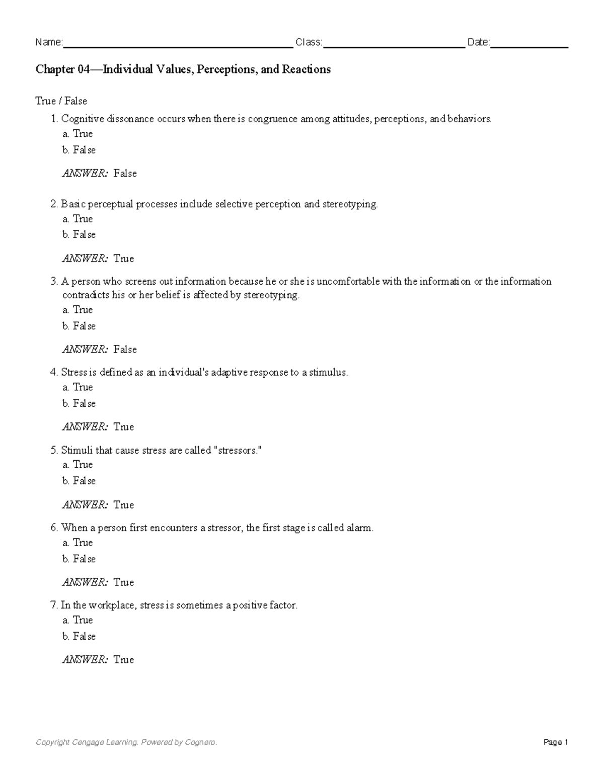 Chapter 04 Individual Values Perceptions and Reactions - True / False ...