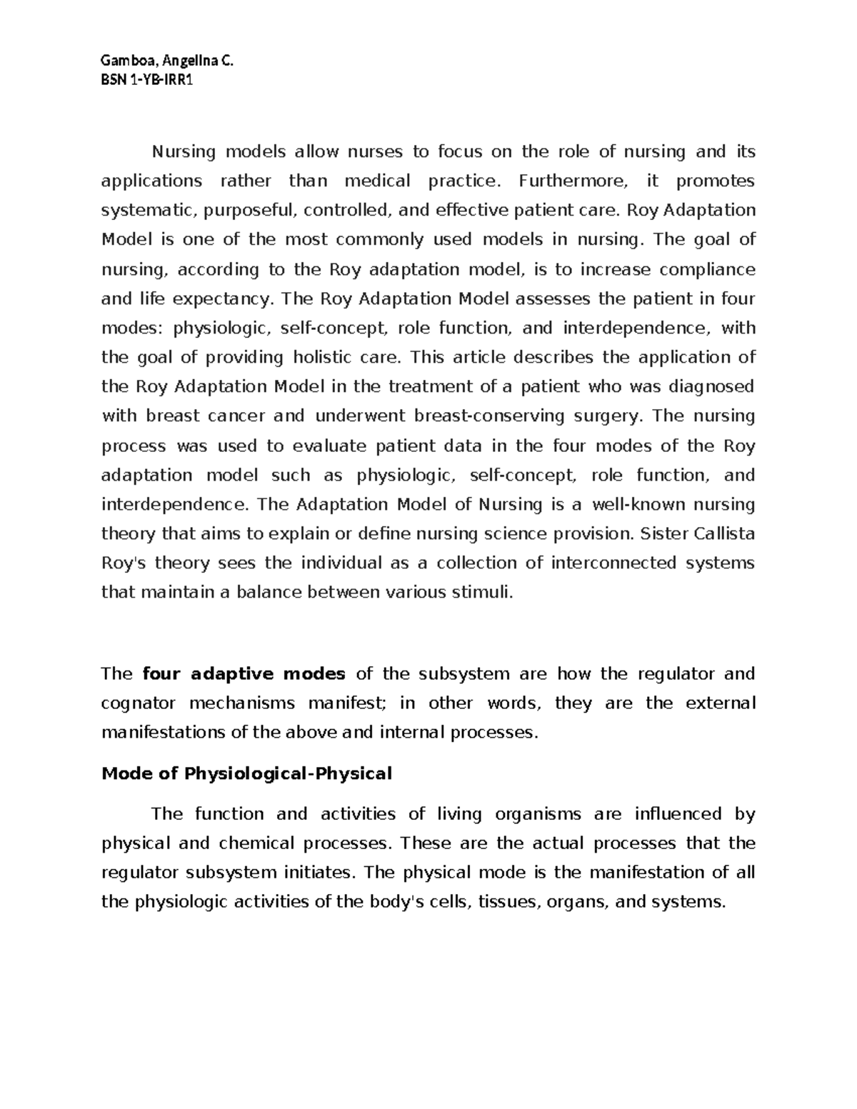 4 nursing model - Gamboa, Angelina C. BSN 1-YB-IRR Nursing models allow ...
