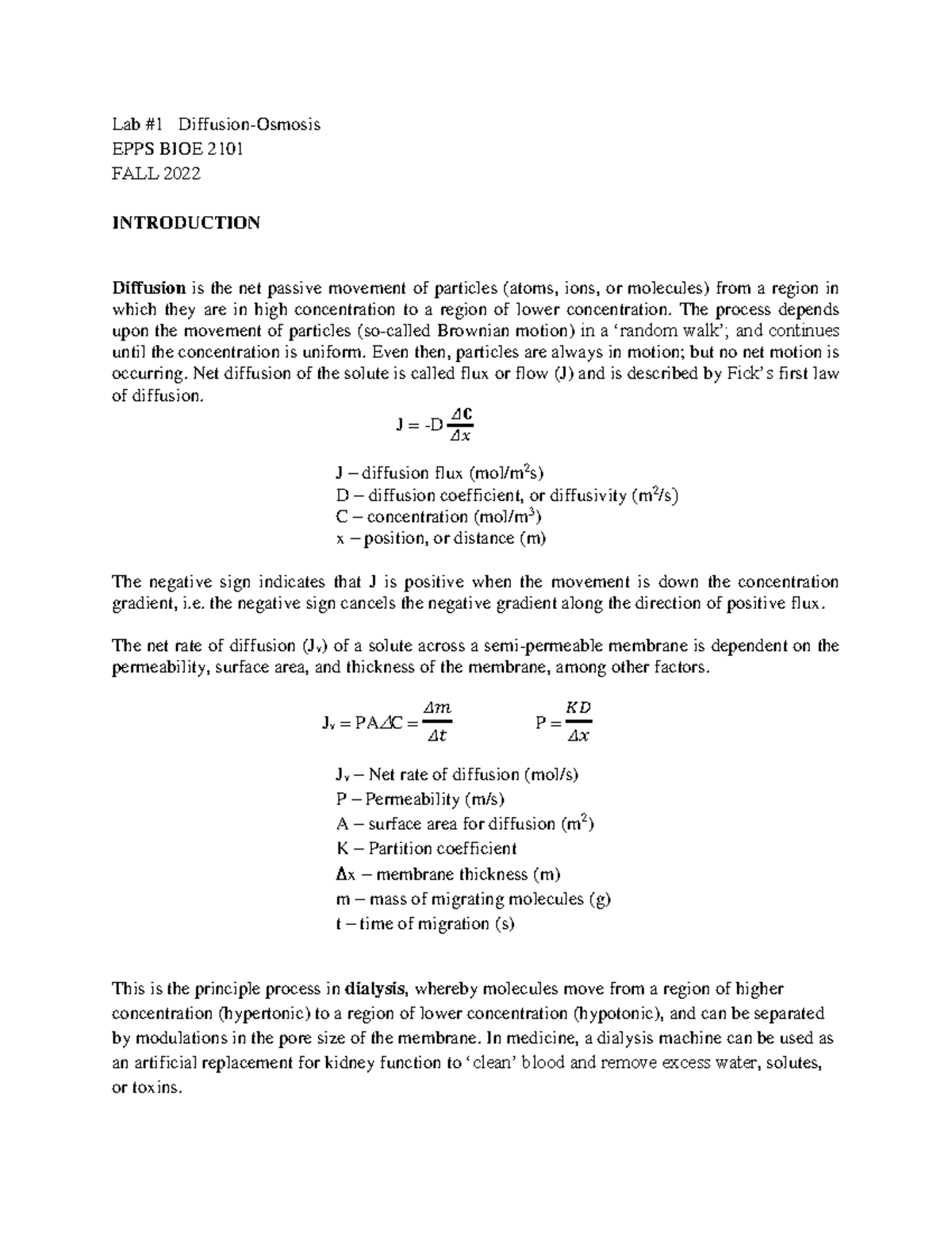 Lab 1 - Diffusion and osmosis - Lab #1 Diffusion-Osmosis EPPS BIOE 2101 ...