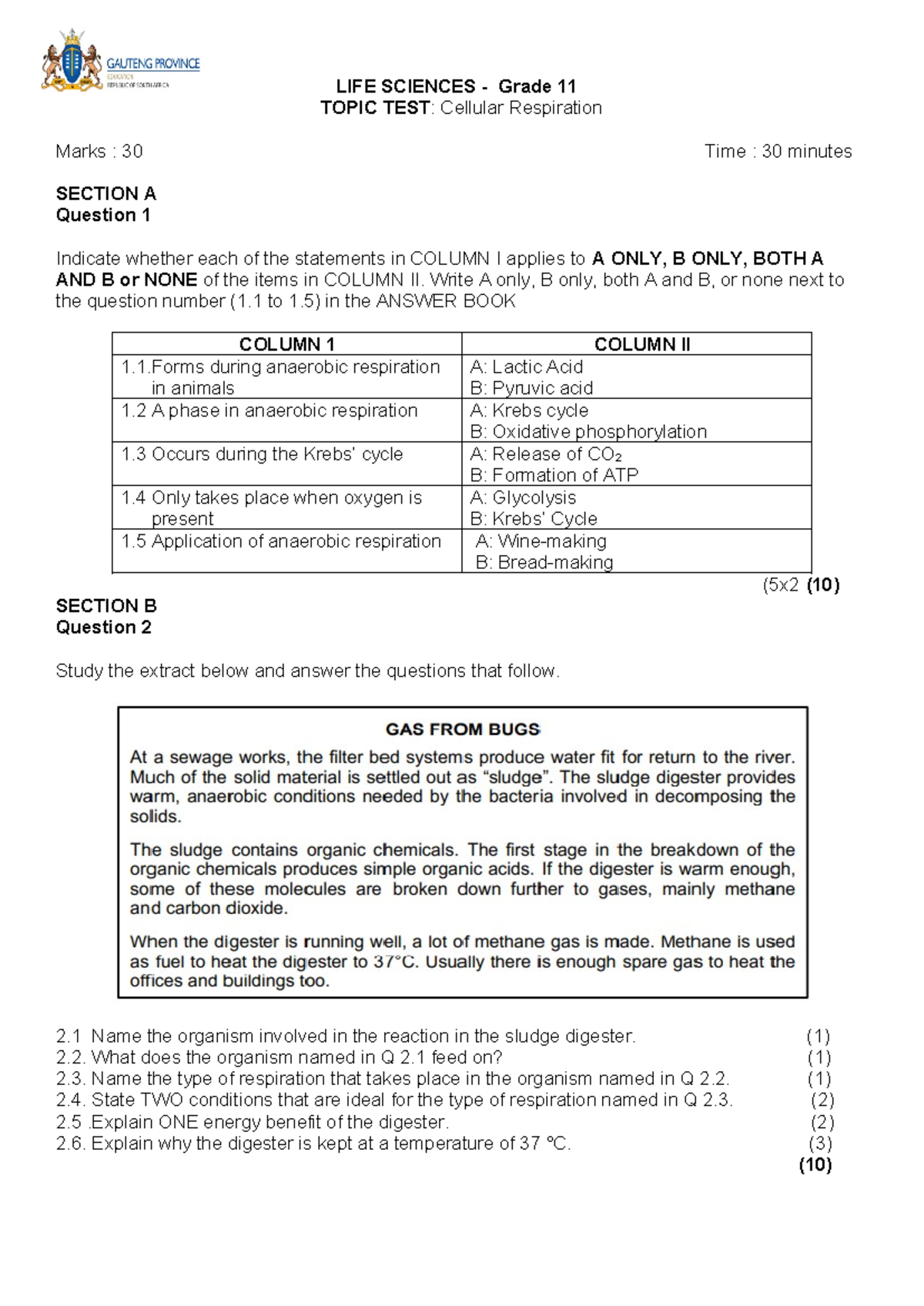 Gr.11 Topic Test Respiration - LIFE SCIENCES - Grade 11 TOPIC TEST ...
