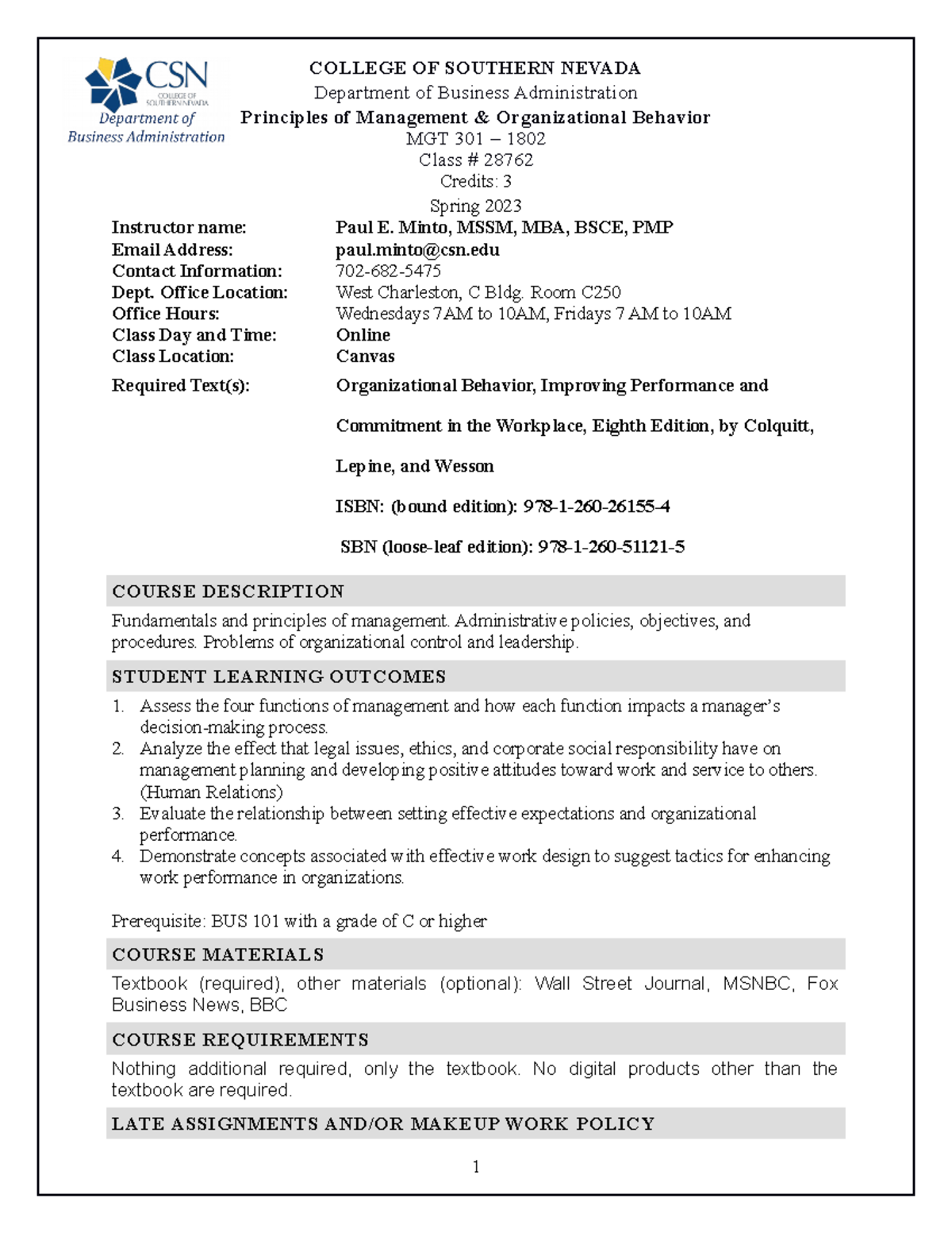 1.2 MGT 301 - 1002 Syllabus - Department of Business Administration ...