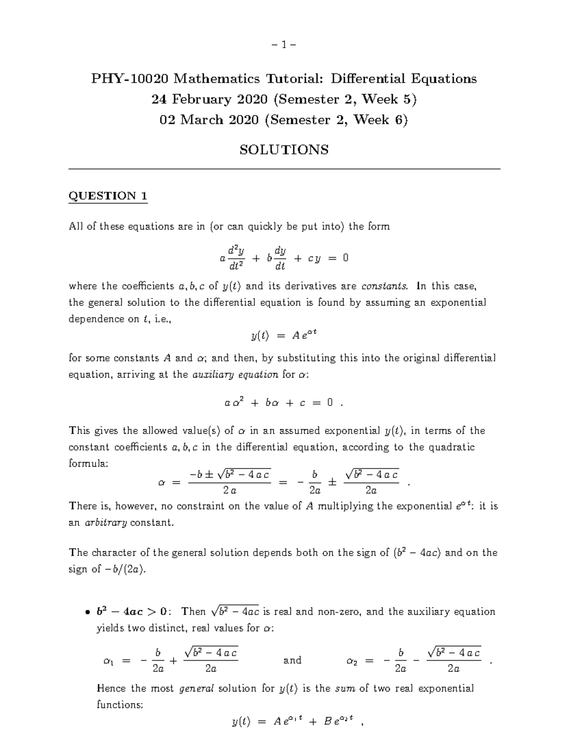 Semester 2 Tutorial 5-6 2020 Solutions - PHY-10020 Mathematics Tutorial ...