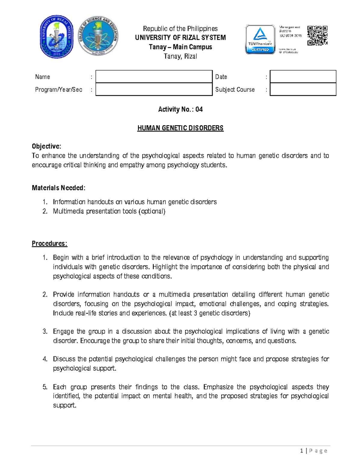 Activity-No - 1 | P a g e Republic of the Philippines UNIVERSITY OF ...