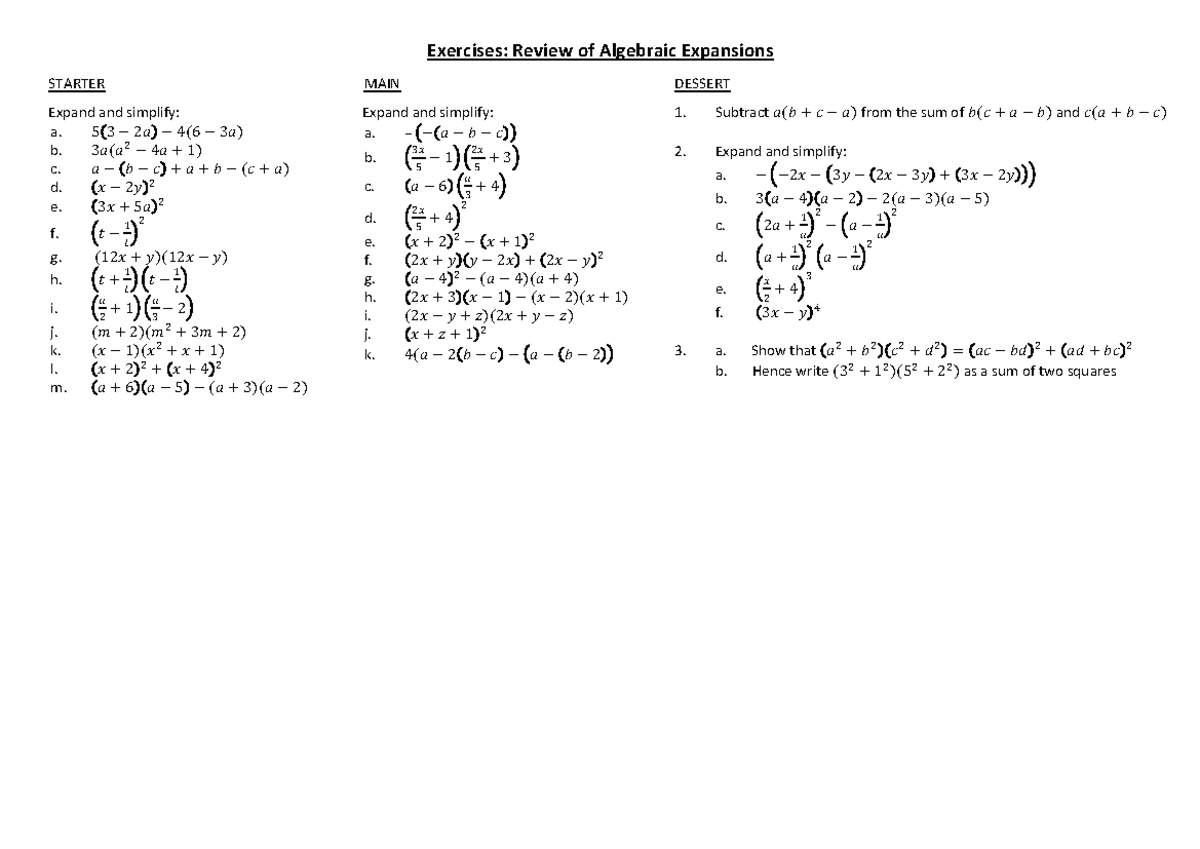 02 - Exercises - Review of Algebraic Expansions - Exercises: Review of ...