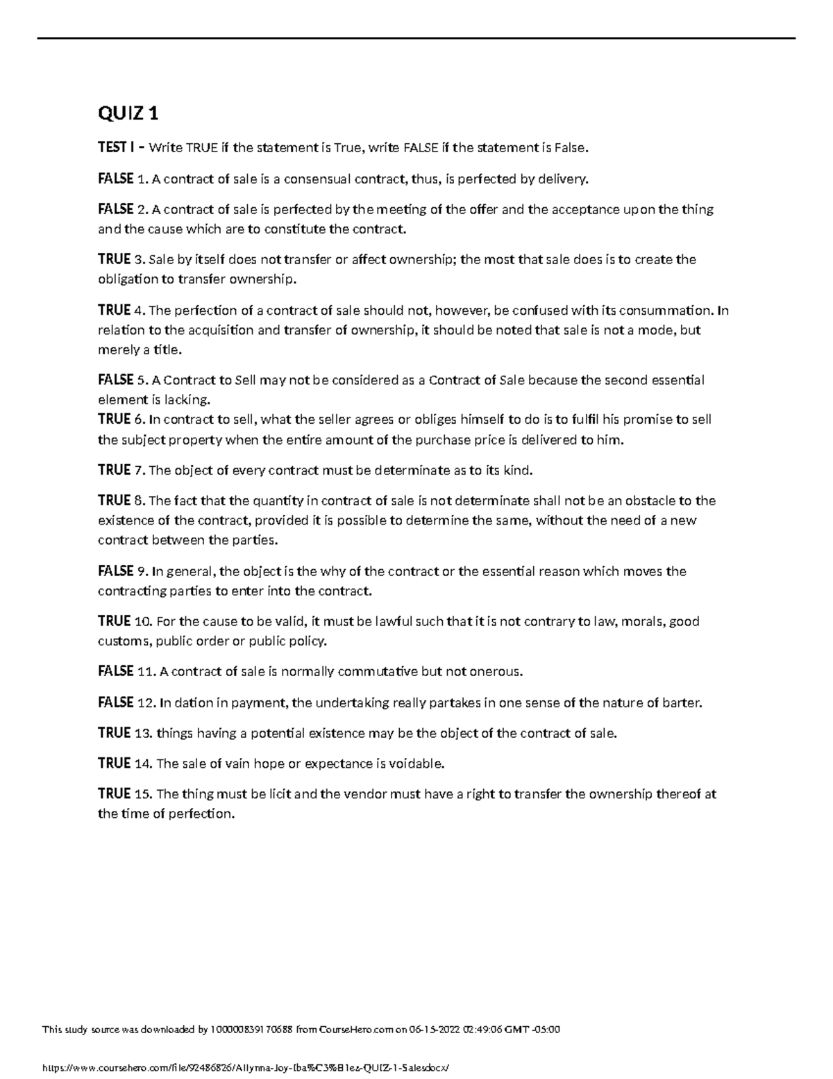 Allynna Joy Iba ez QUIZ 1 Sales - QUIZ 1 TEST I – Write TRUE if the ...