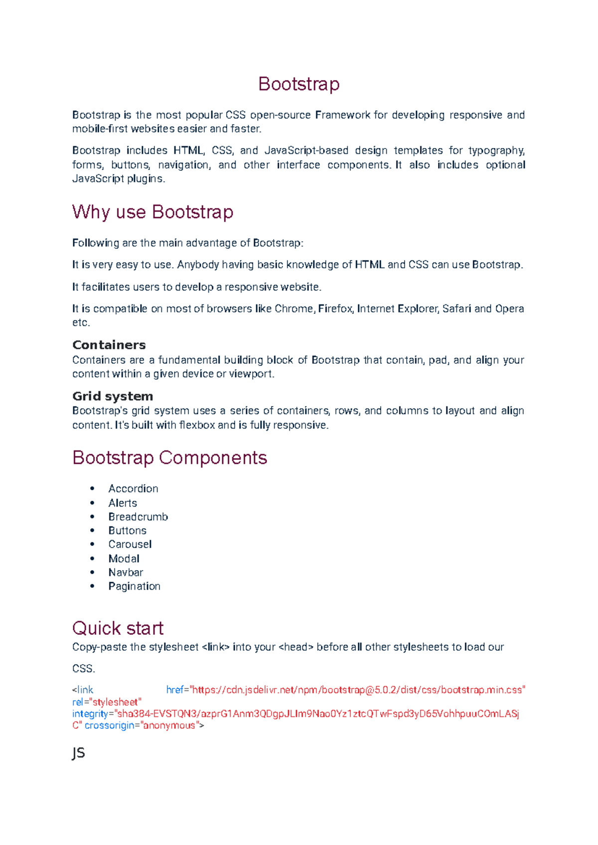 Programs Document - bkp - Bootstrap Bootstrap is the most popular CSS open-source Framework for ...