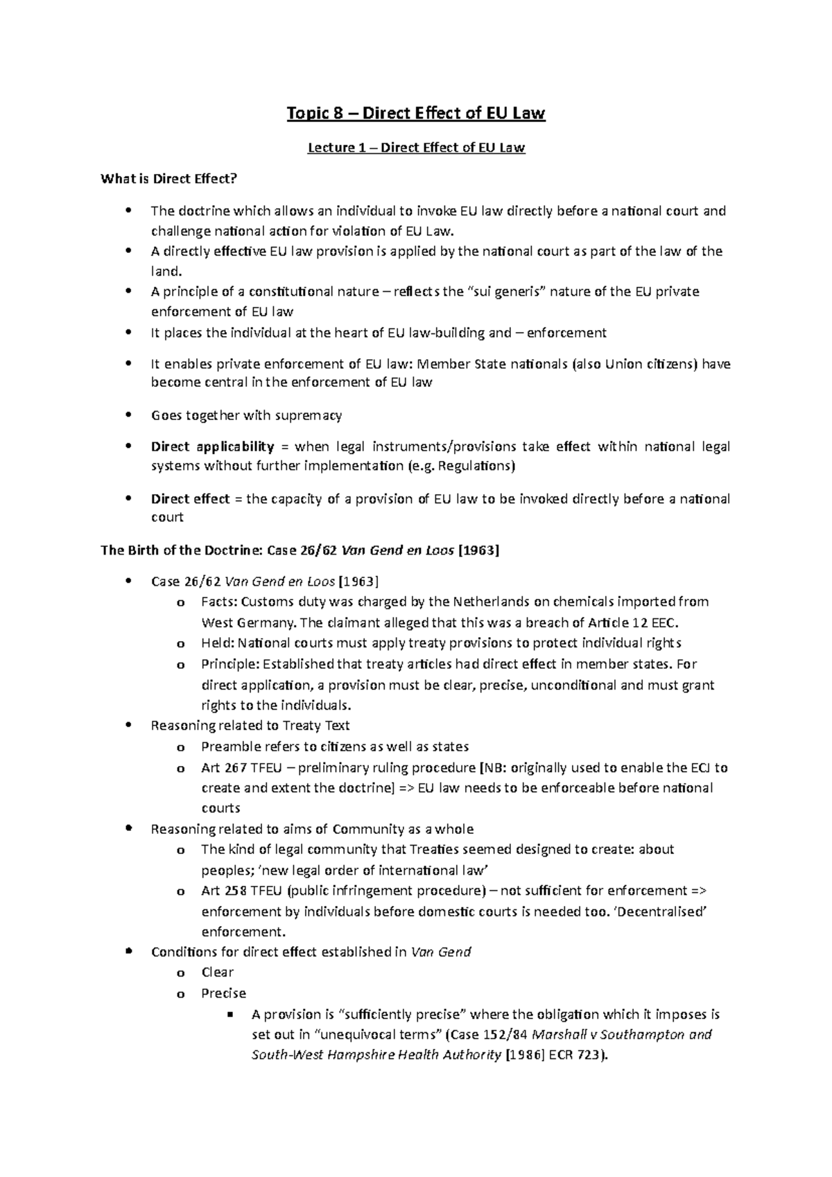 8 Direct Effect of EU Law - Topic 8 – Direct Effect of EU Law Lecture 1 ...