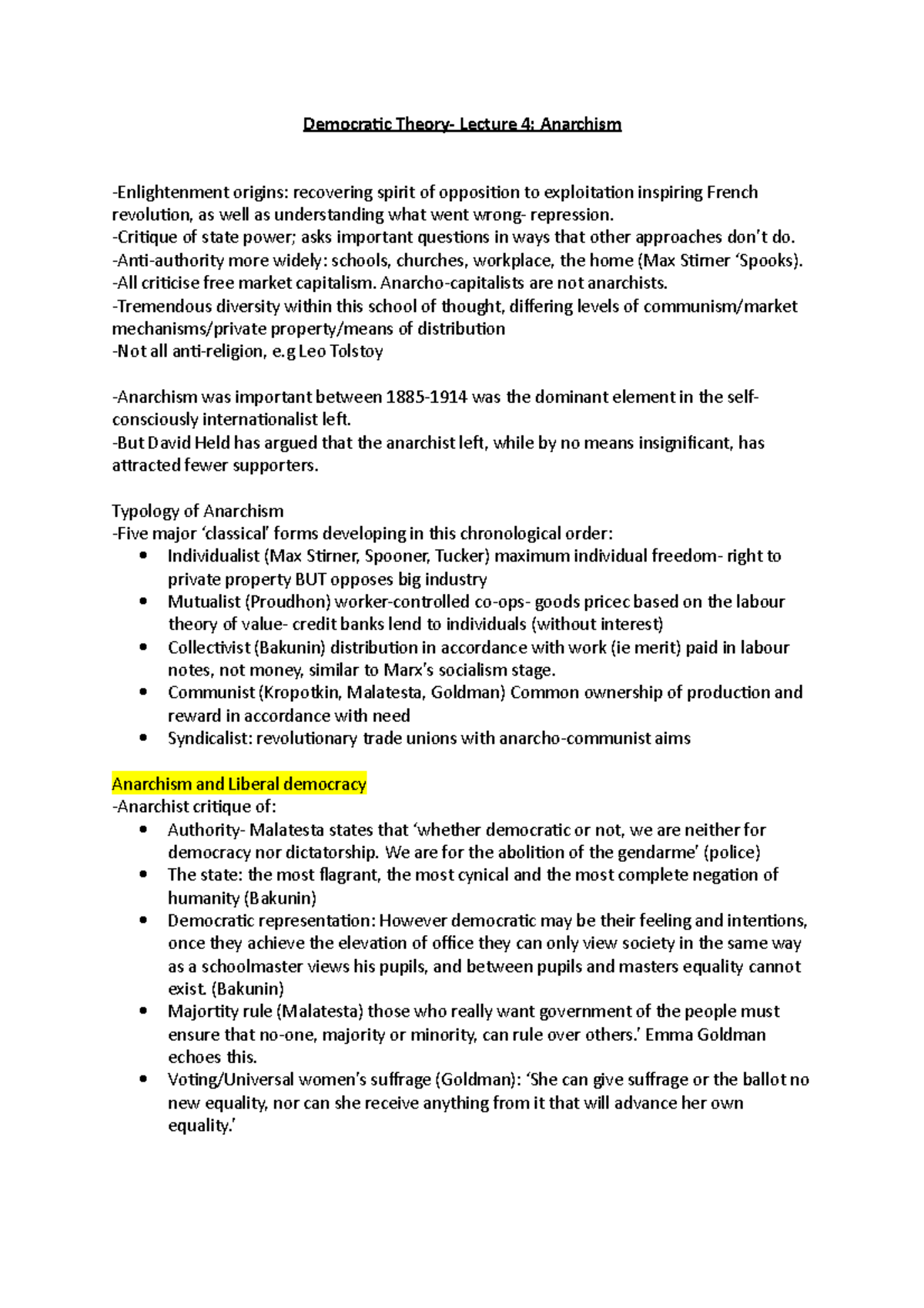 Lecture 4- anarchism - Democratic Theory- Lecture 4: Anarchism ...