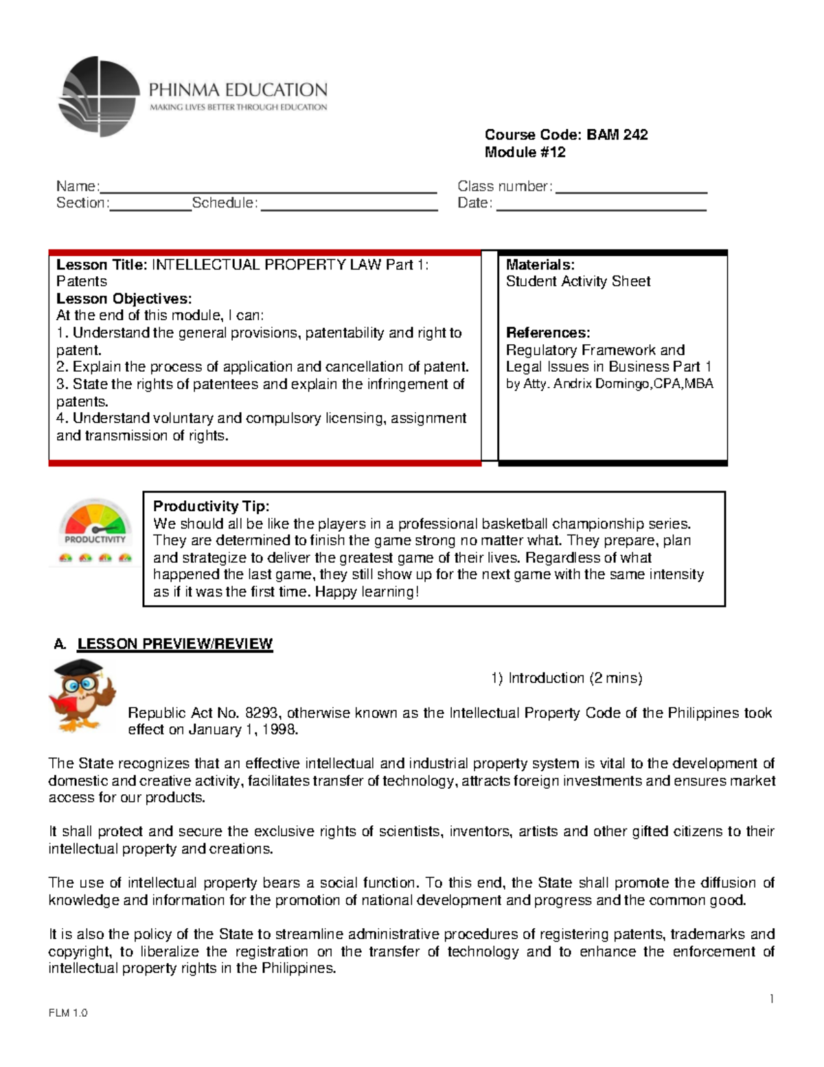 BAM 242 MODULE 12 - Module # Name: Section: Schedule: Class number ...