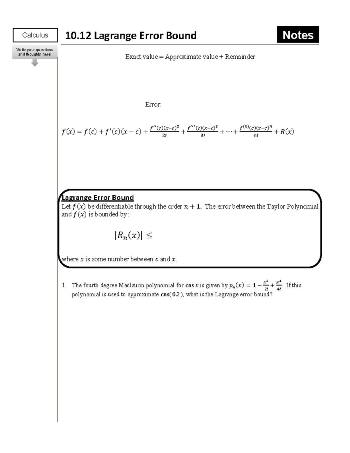 Calc 10 - flipped math - Exact value = Approximate value + Remainder 𝑓 ...