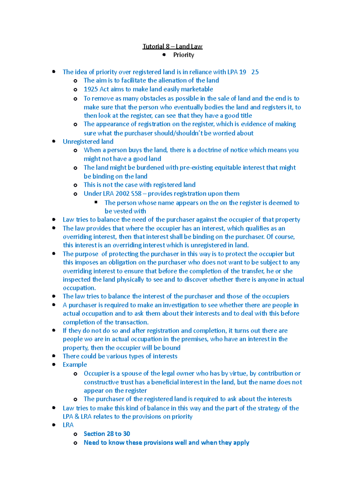 Tutorial 8 Activity - Tutorial 8 – Land Law Priority The idea of ...