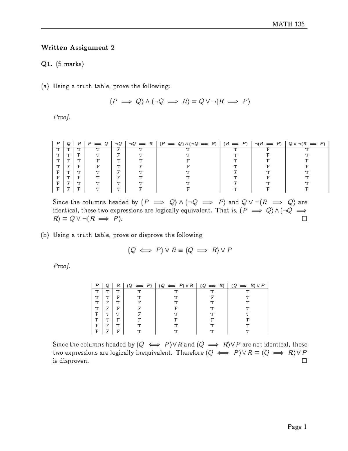 WA2Q1 - Truth table solutions for unit 2 - MATH 135 Written Assignment 2 Q1.(5 marks) (a) Using ...