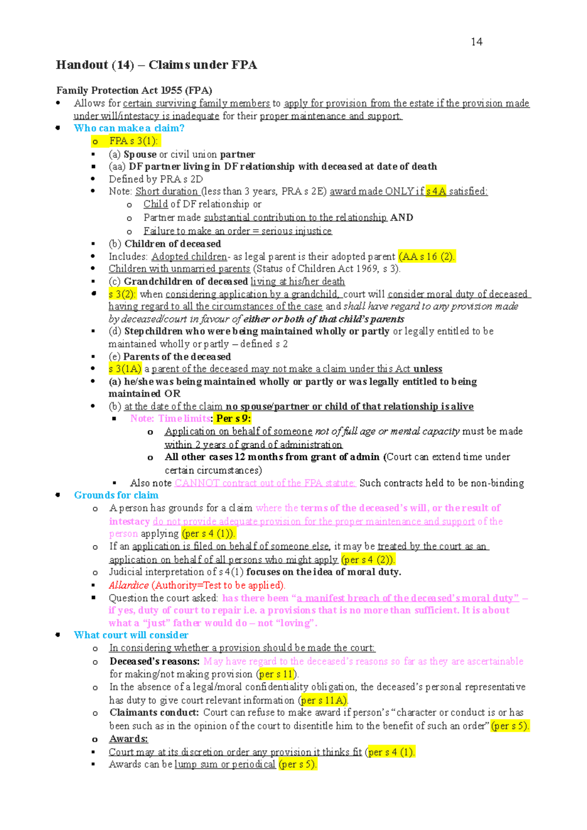 (3) Claims under FPA - Exam summary - Handout (14) – Claims under FPA ...