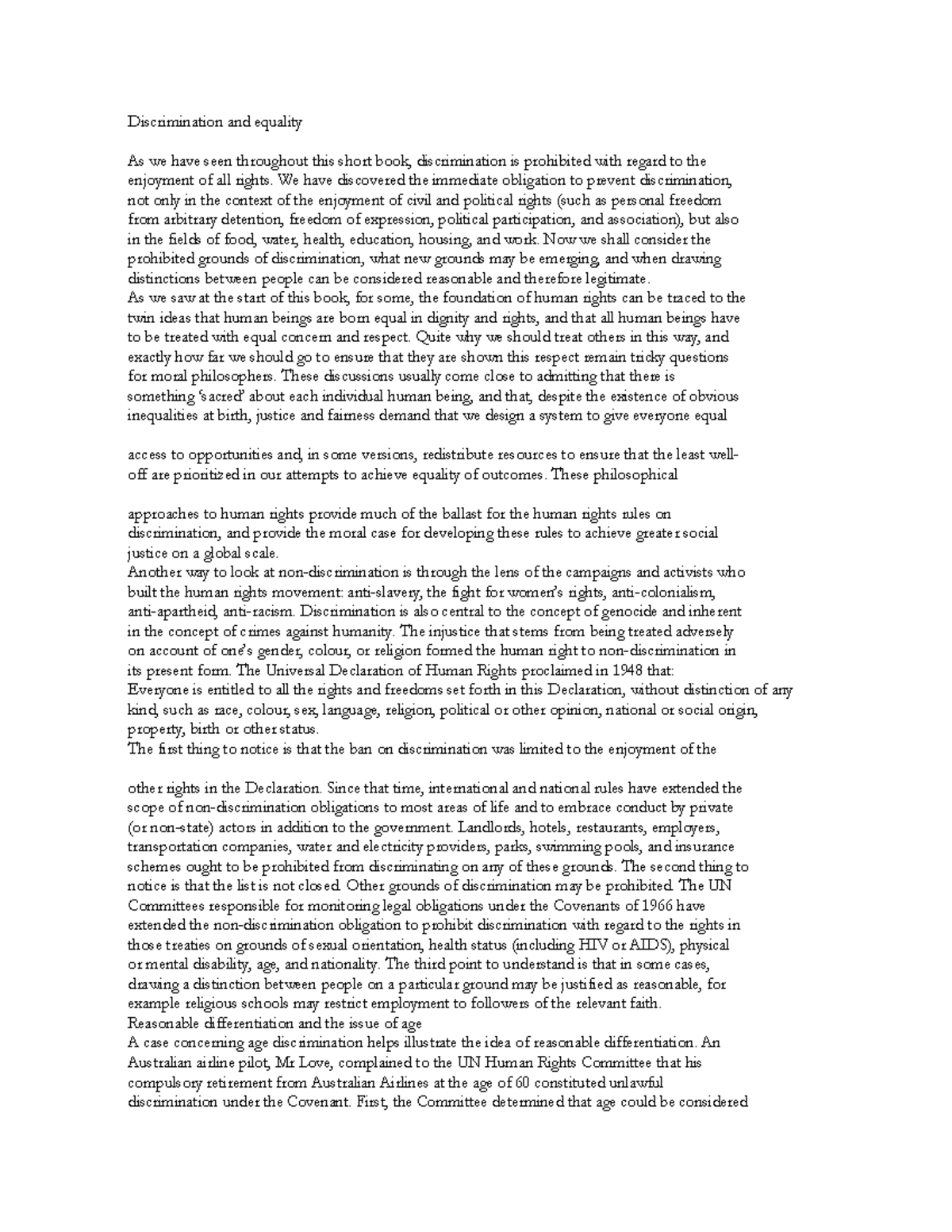 POLITICAL SCIENCE HUMAN RIGHTS - Discrimination and equality As we have ...