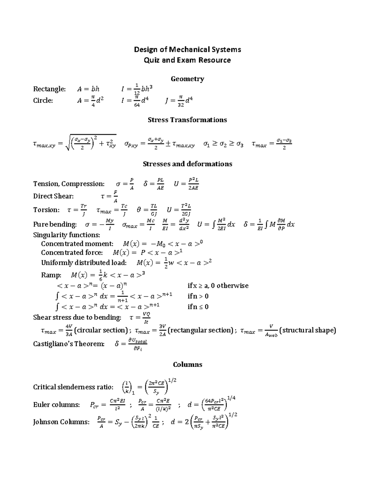 MD-Equations - Summary Machine Design 1 - Design of Mechanical Systems ...
