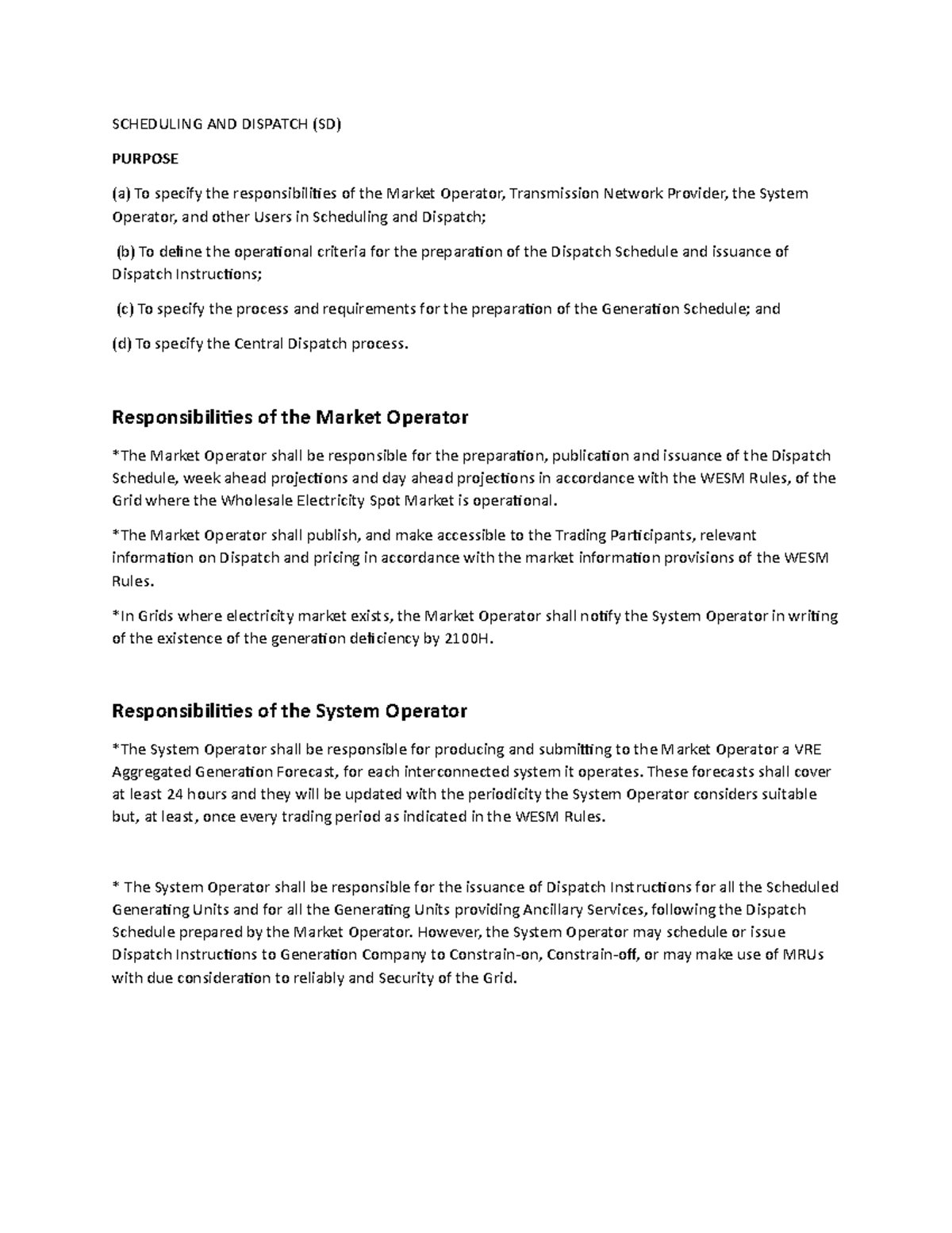 Scheduling AND Dispatch - SCHEDULING AND DISPATCH (SD) PURPOSE (a) To ...