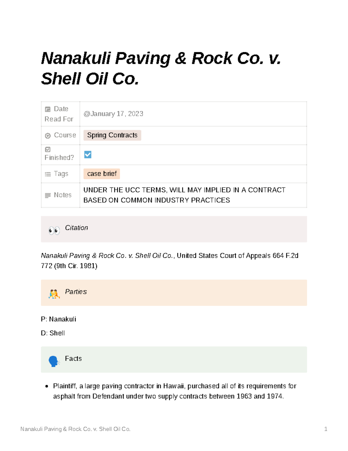 Nanakuli v. Shell Oil Co. - Nanakuli Paving & Rock Co. v. Shell Oil Co. Date Read For Course ...