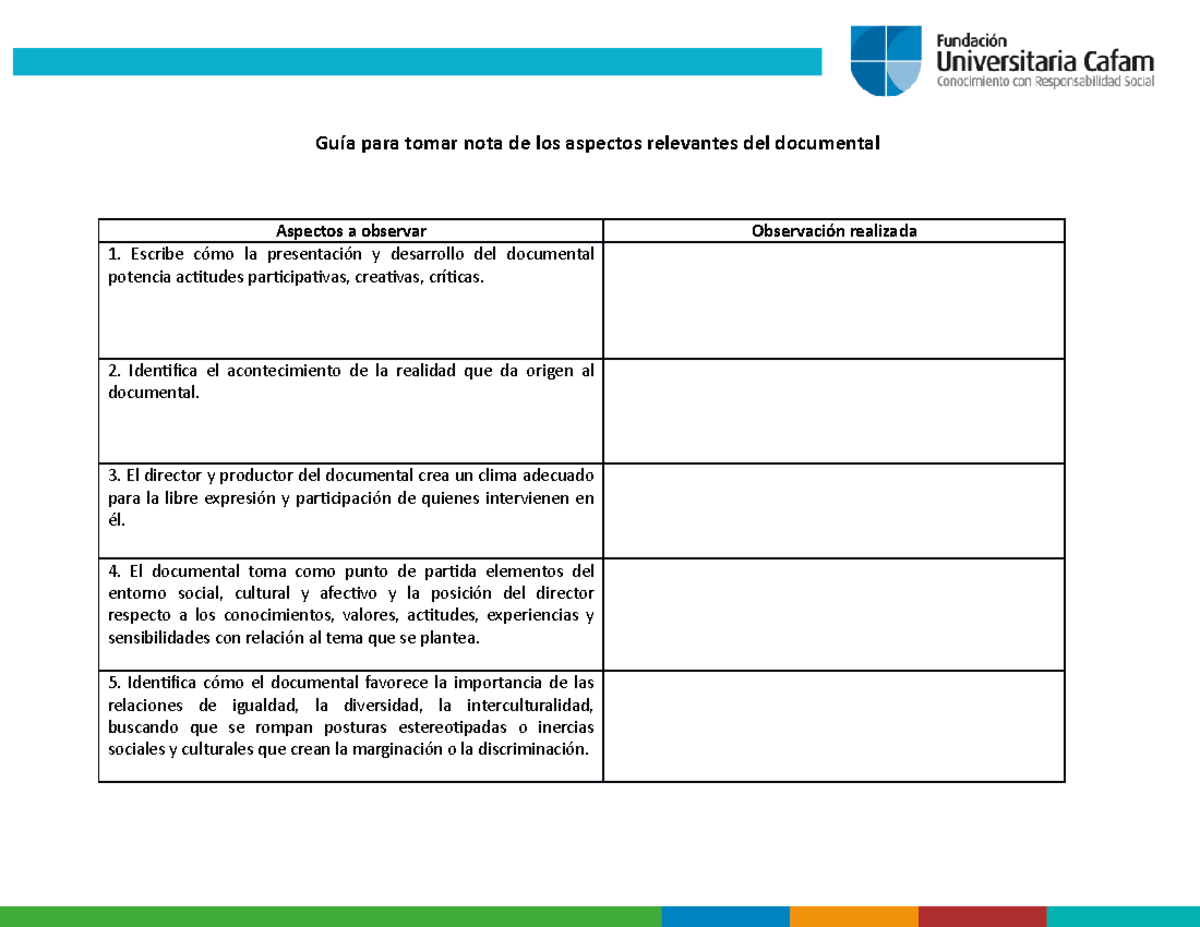 B. Guía para tomar nota de los aspectos relevantes del documental ...