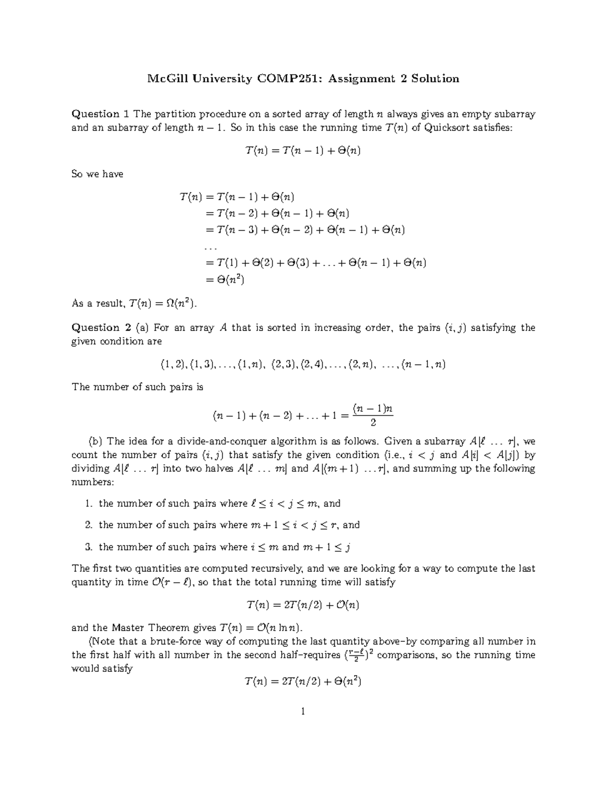 Seminar Assignment 2 Algorithms and Data Structures Solutions - McGill University COMP251: - Studocu