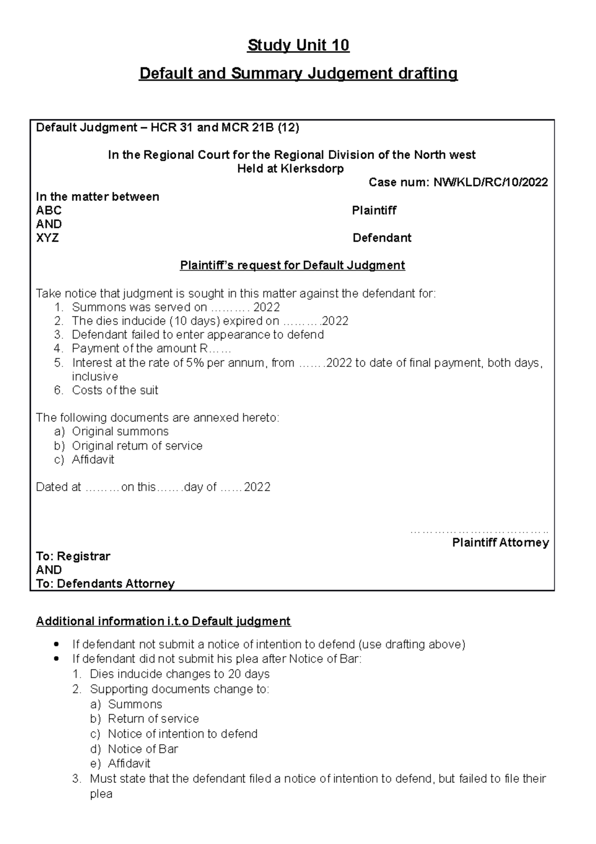 Study Unit 10 - Drafting - Study Unit 10 Default and Summary Judgement ...