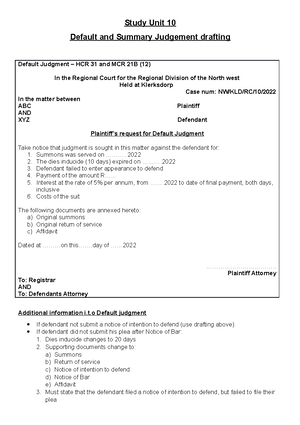 SU10 Default Judgement Class Notes - SU10: DEFAULT JUDGEMENT 10 Default ...