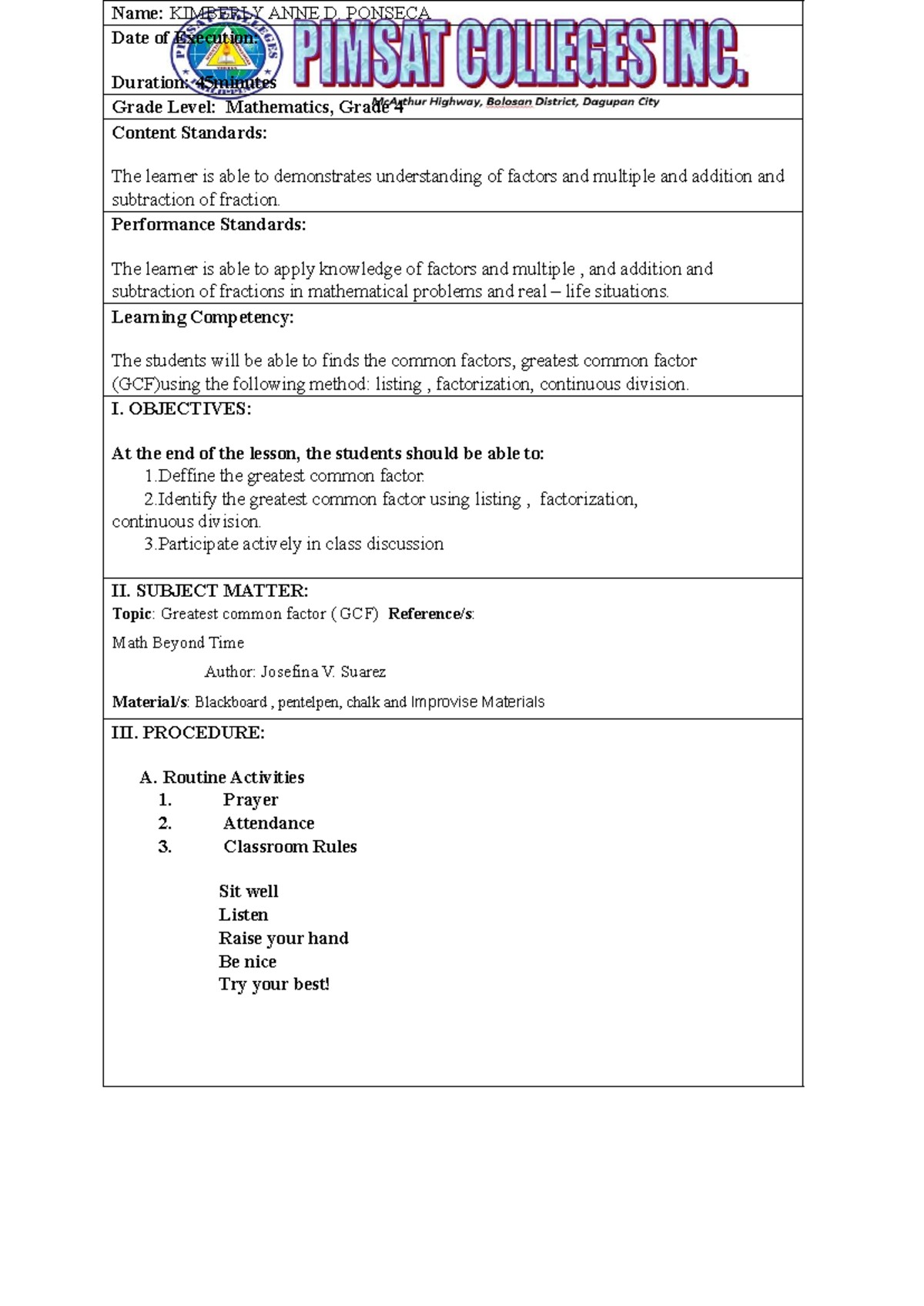 Lesson-Plan-in-Math-1 - Name: KIMBERLY ANNE D. PONSECA Date of ...
