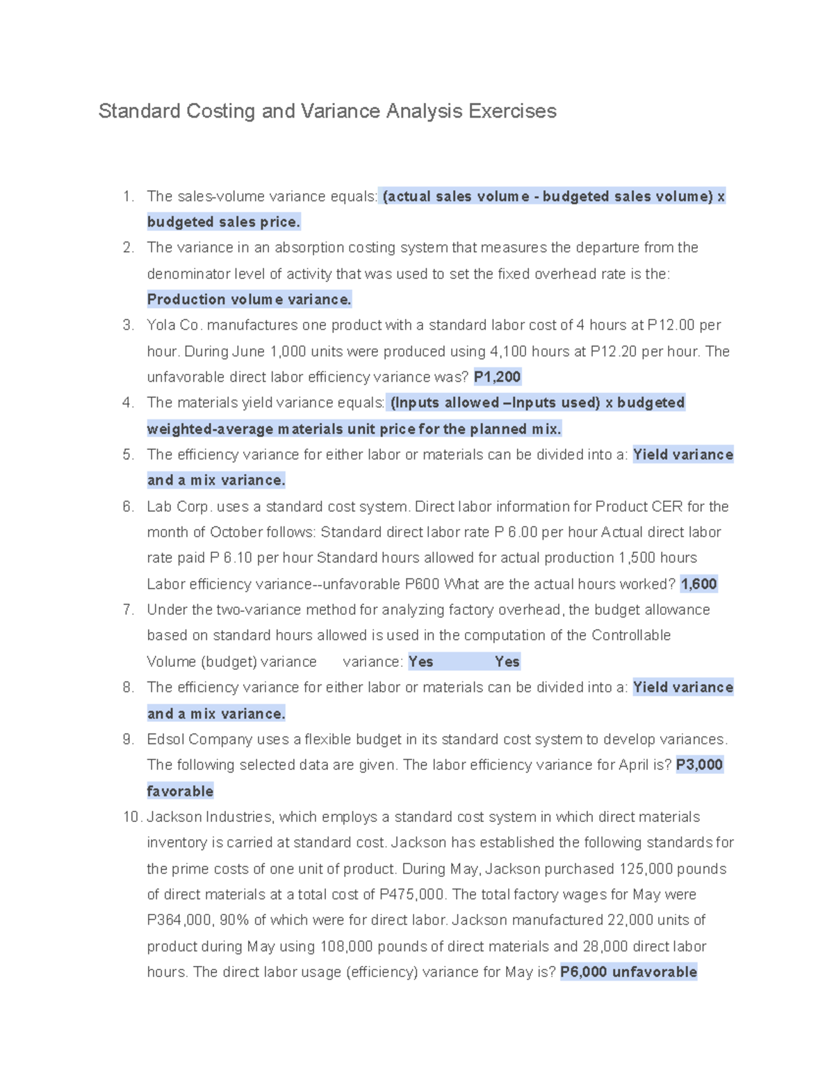 Standard Costing and Variance Analysis Exercises - The sales-volume ...