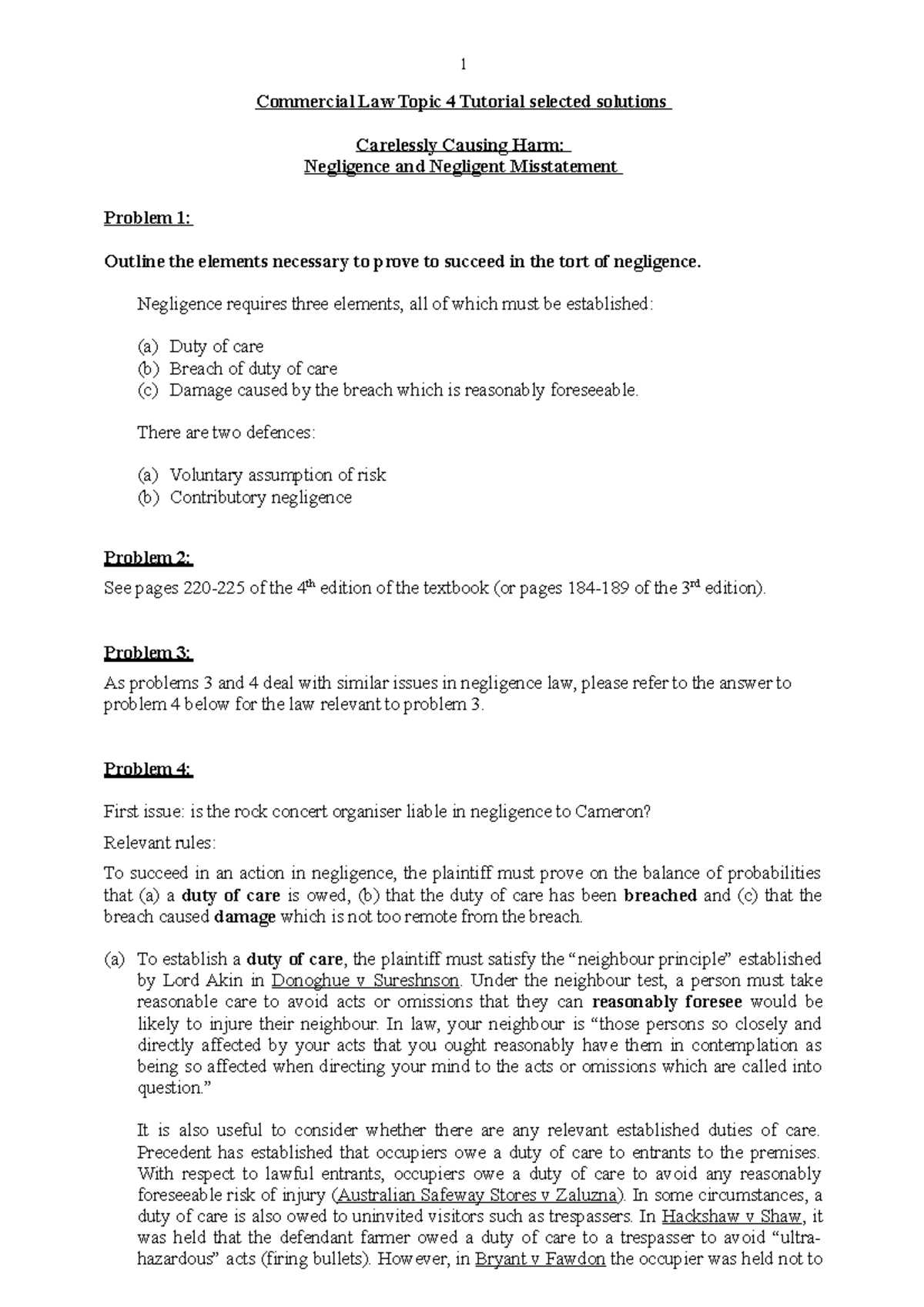 Tutorial.topic 4.solutions(Carelessly Causing Harm. Negligence and ...