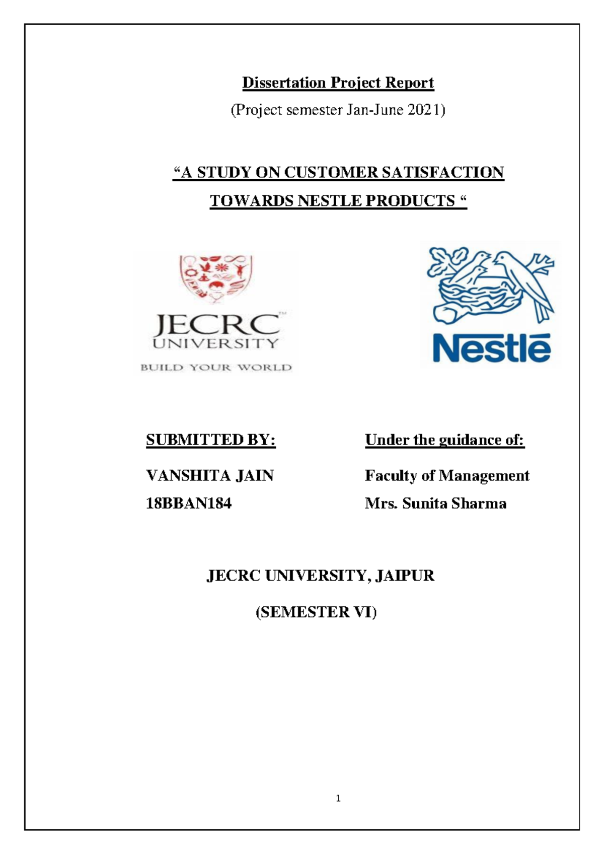 Nestle Case study - Dissertation Project Report (Project semester Jan ...
