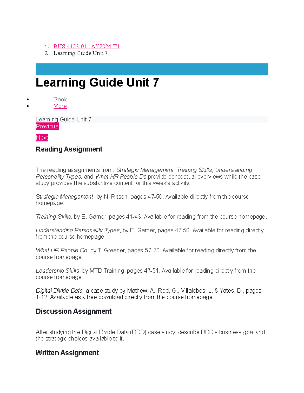 BUS 4403 Unit 7 Learning Guide - 1. BUS 4403-01 - AY2024-T Learning ...