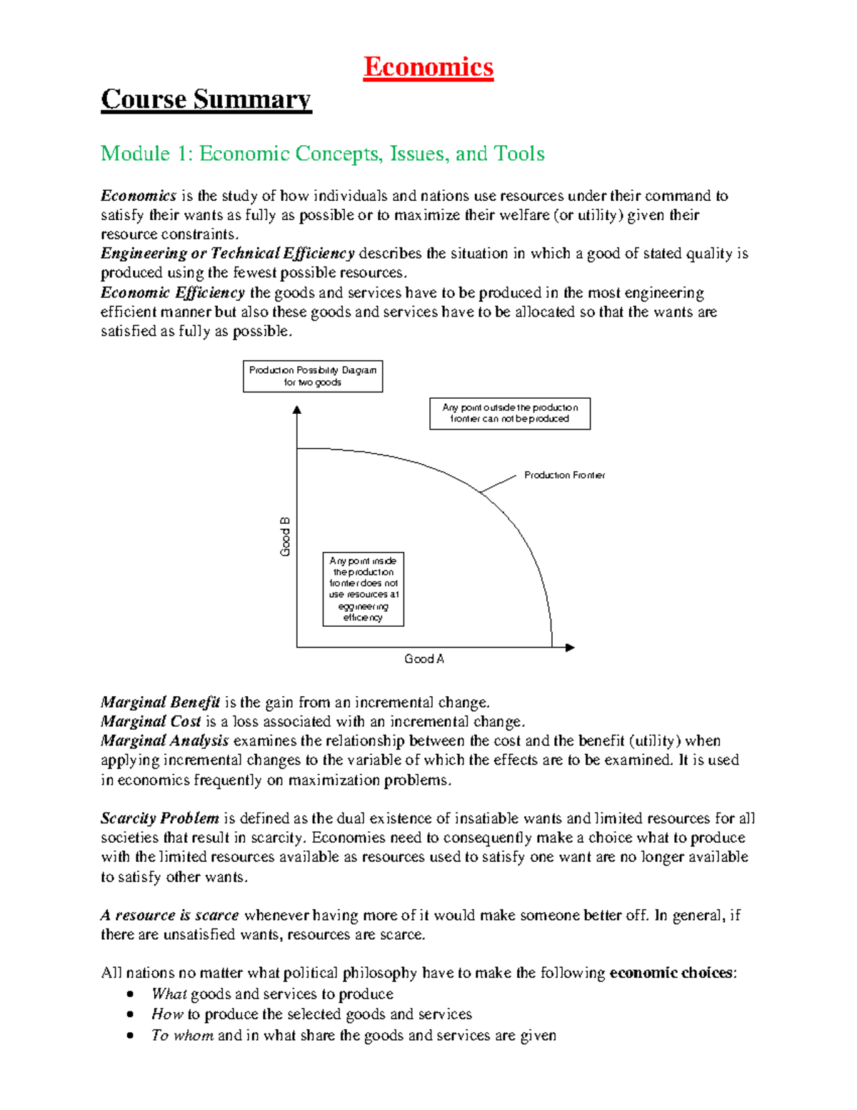 Economics Course Summary - Economics Course Summary Module 1: Economic ...