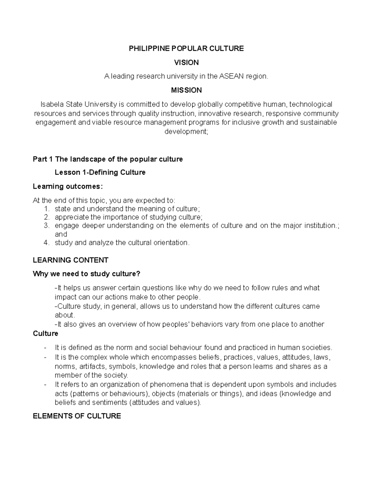 Popular Culture part 1 lesson 1 3 - PHILIPPINE POPULAR CULTURE VISION A ...